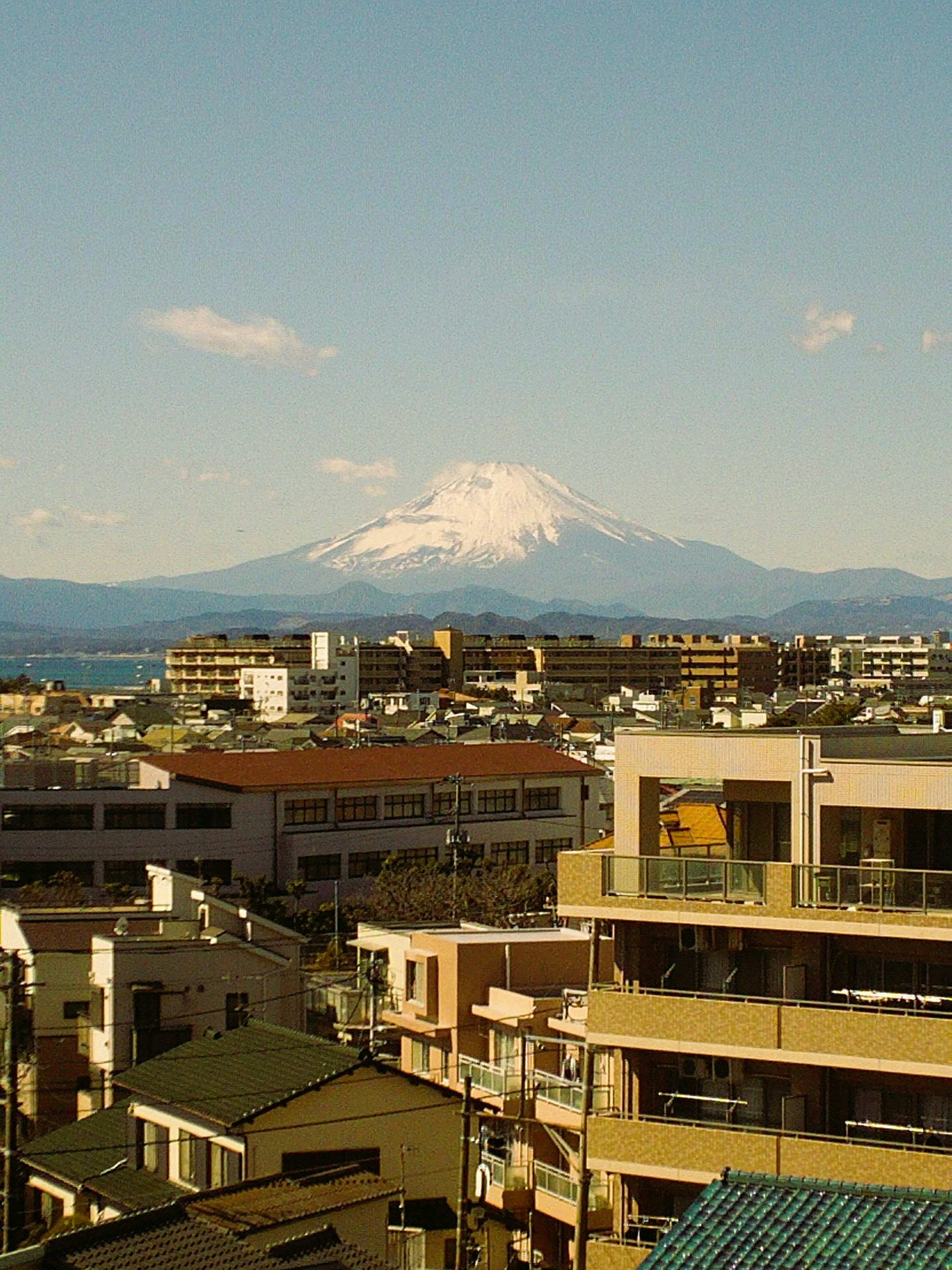 Mount fuji looms over a japanese cityscape.