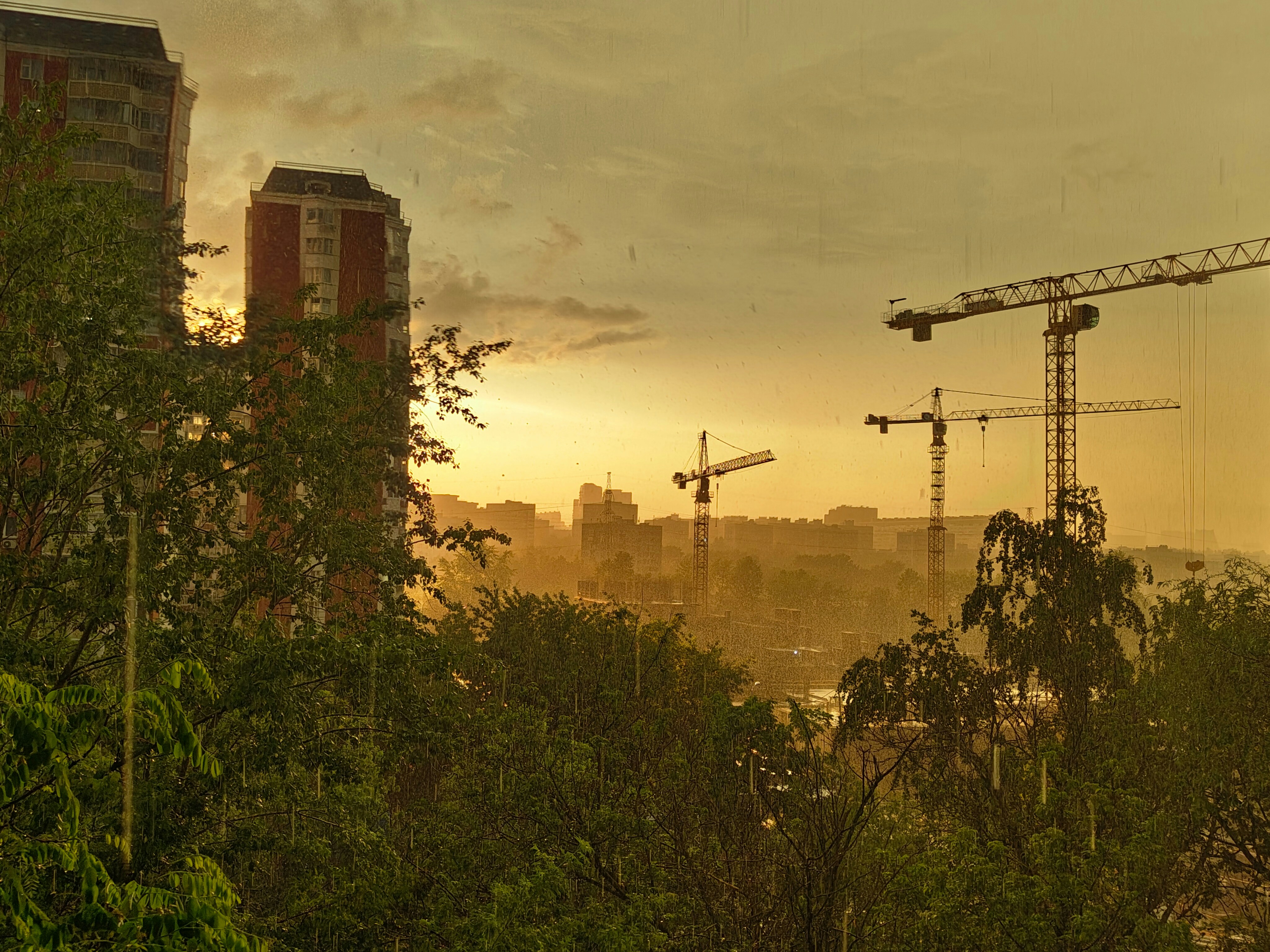 Rain | Construction cranes stand against a golden sunset.