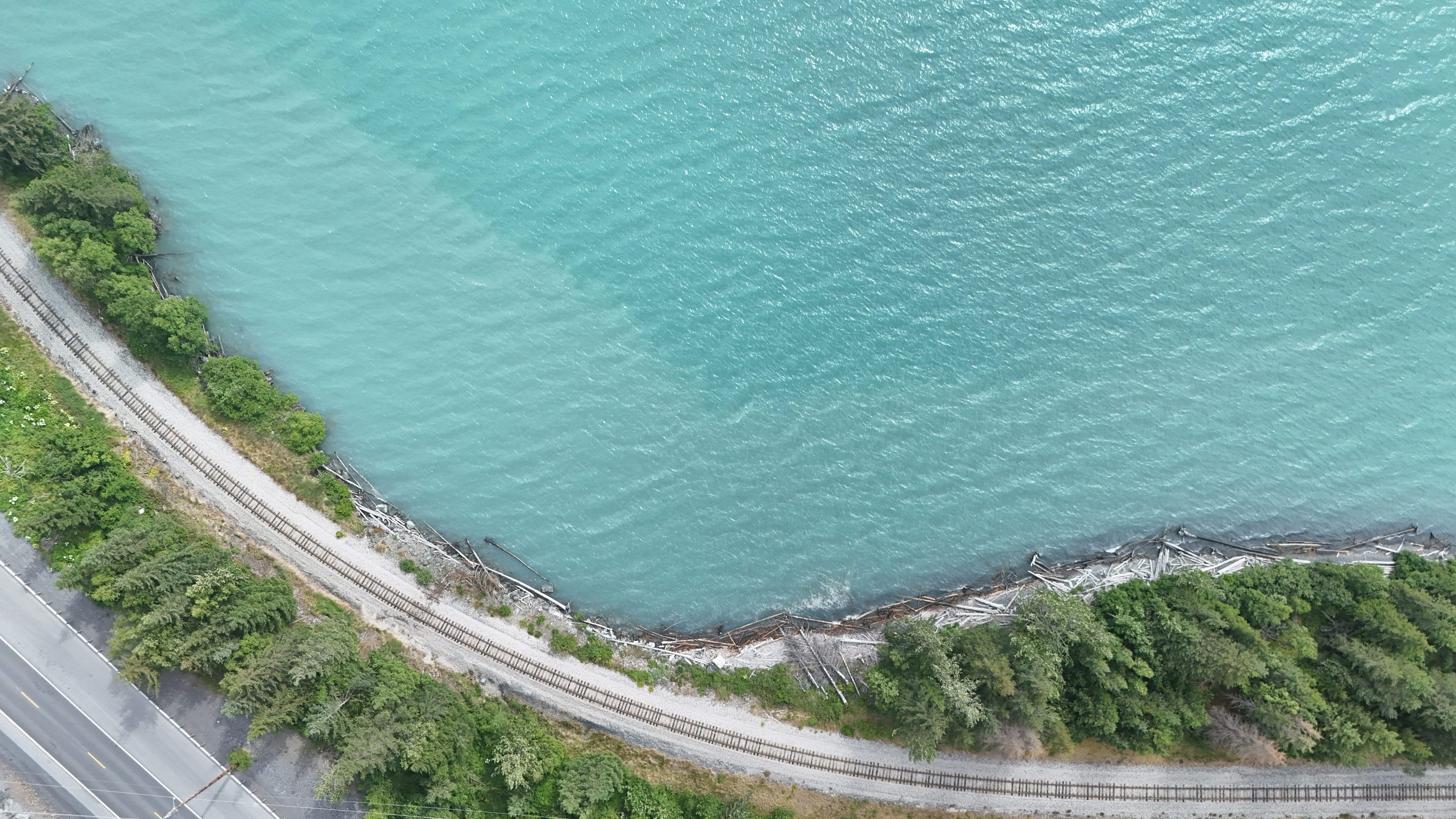 A clean aerial composition capturing a curving railway line hugging the edge of a turquoise glacial lake or inlet. Driftwood lines the shore, with deep green forest on one side and bright, clear water on the other — a meeting of natural textures and human design. | Railroad tracks run along the shoreline's edge.