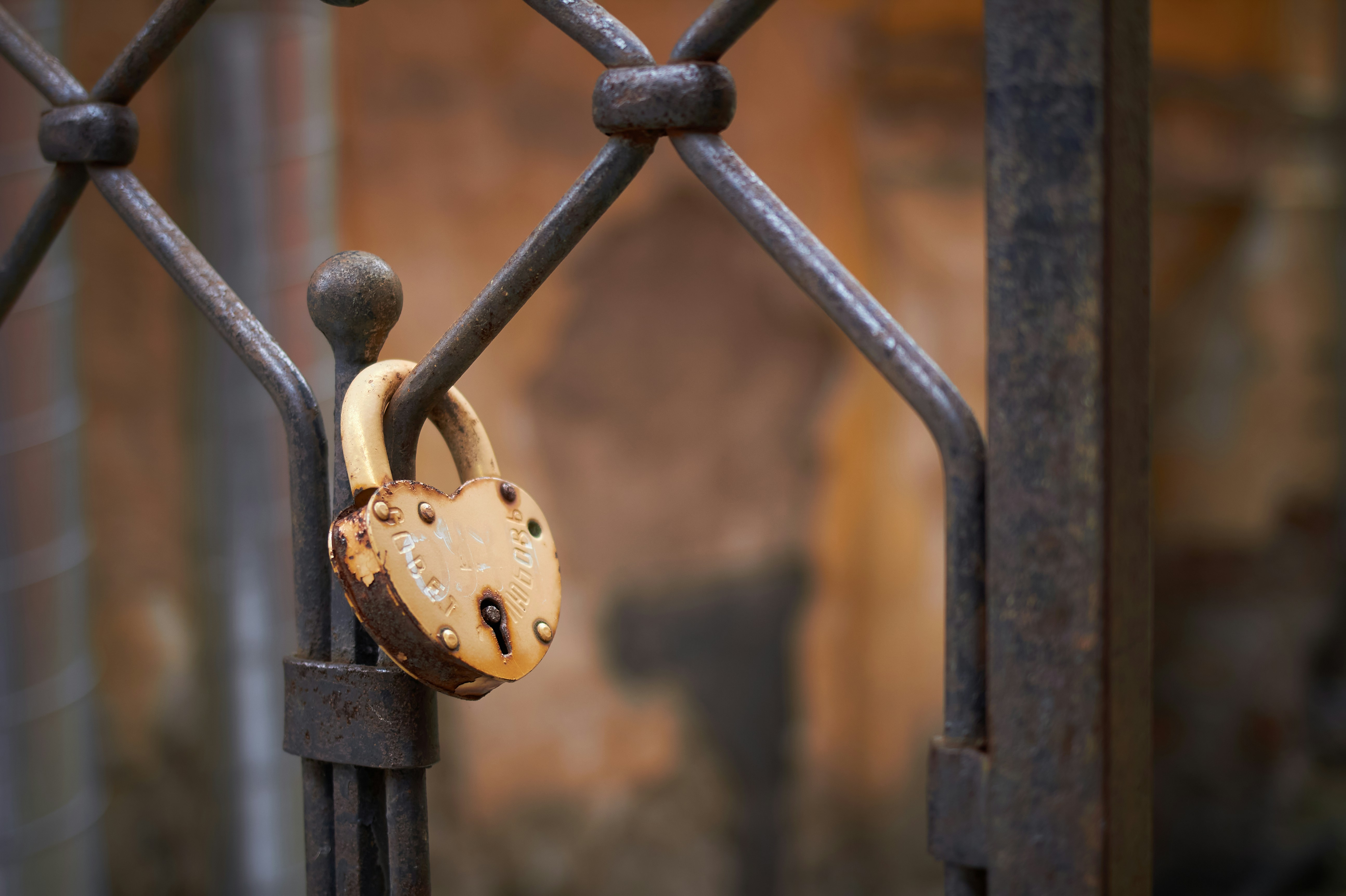 Heart-shaped padlock hanging on a weathered gate, symbolizing love and security amidst rustic surroundings.