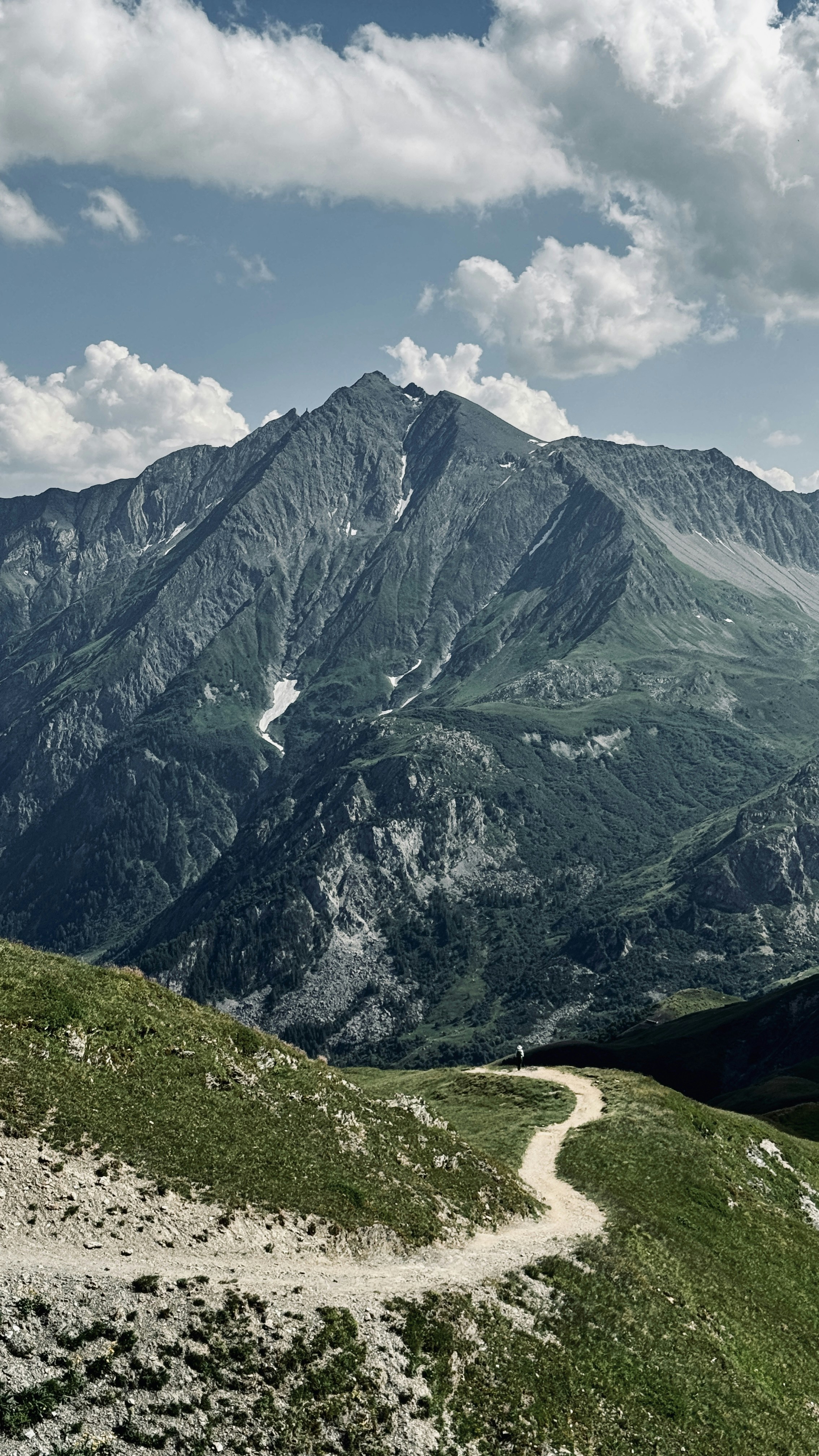 A winding trail leads towards a majestic mountain.