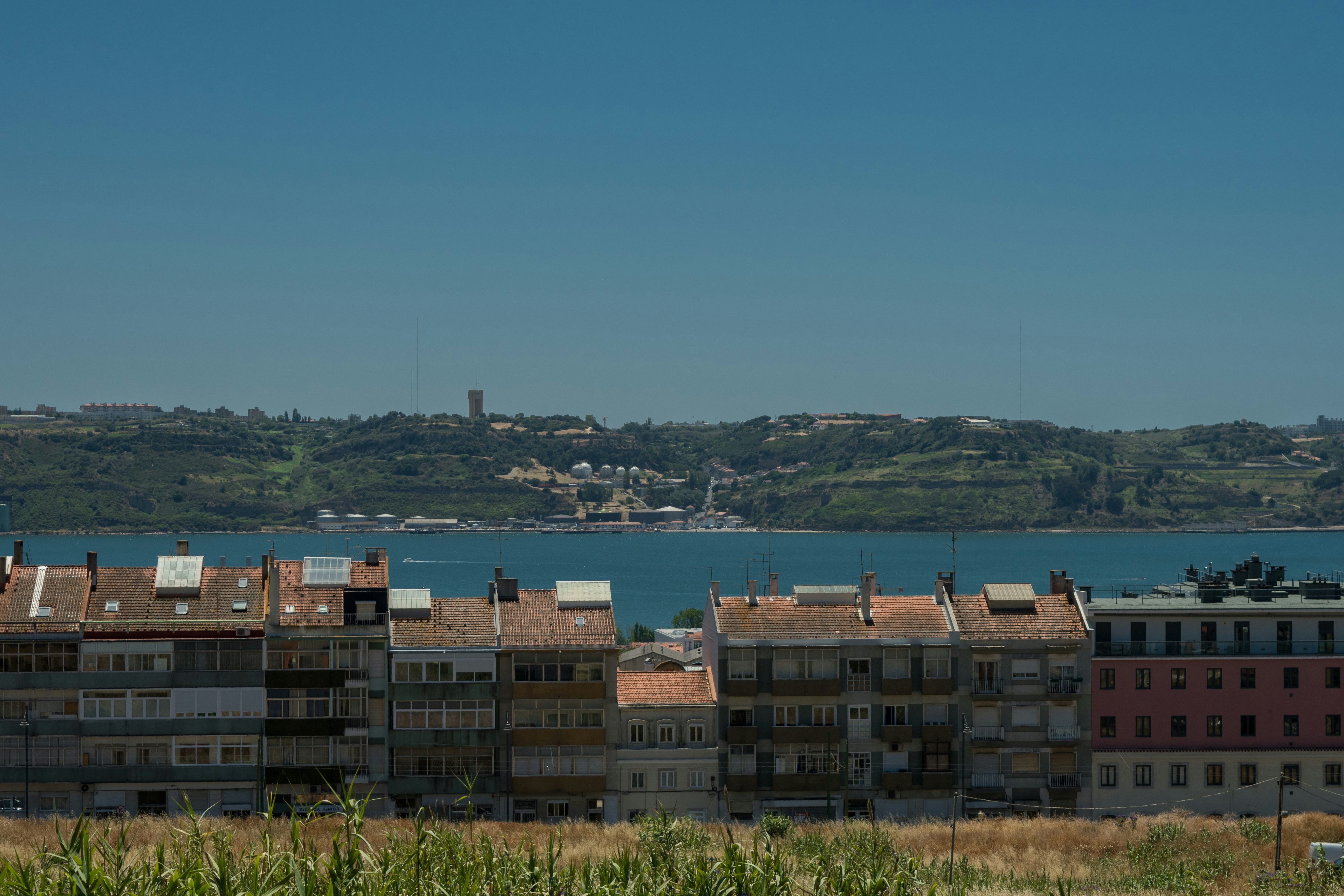 Buildings overlook the water on a sunny day.