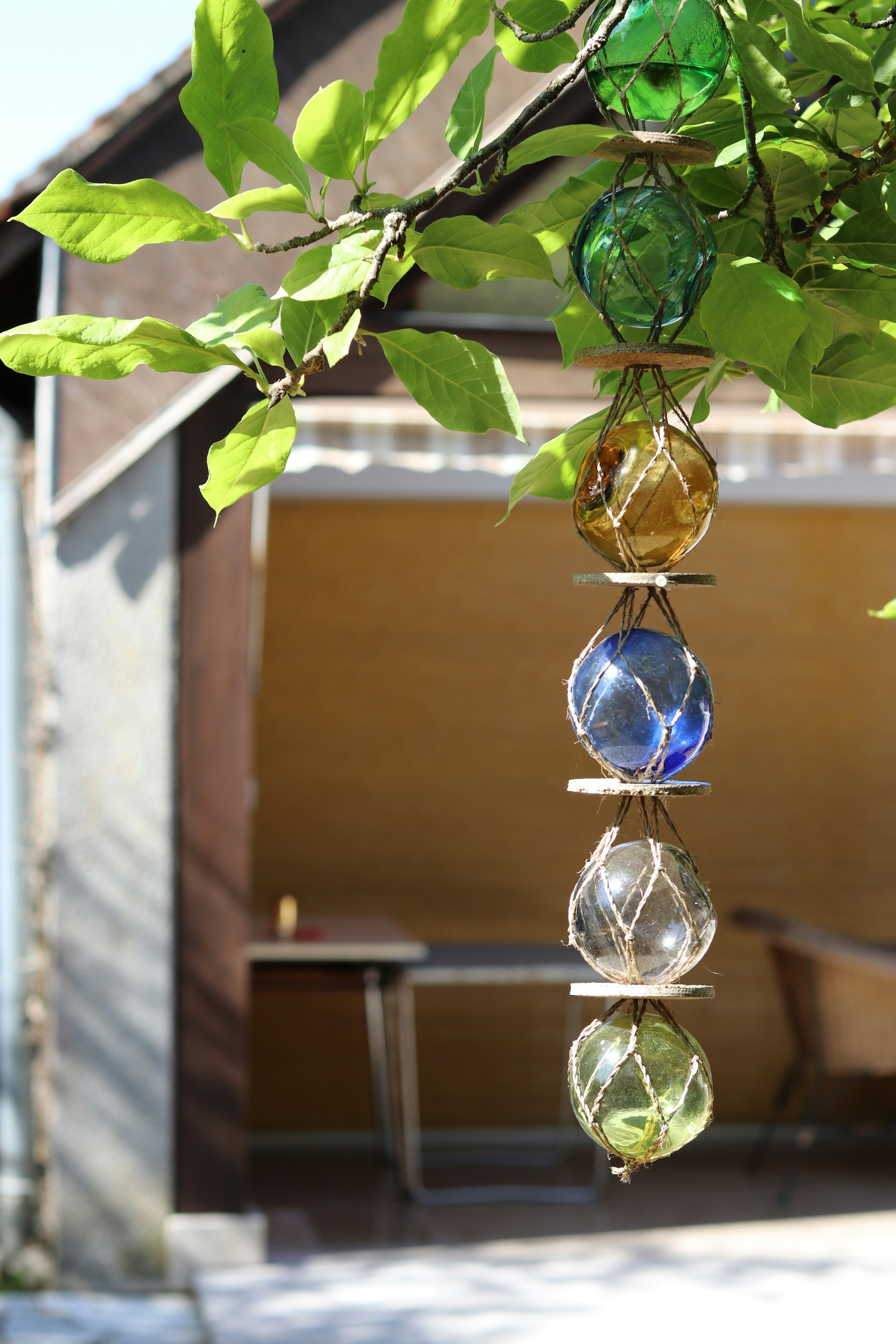 Vertical Glass Beads: Sunlit Orbs Hanging from a Leafy Branch