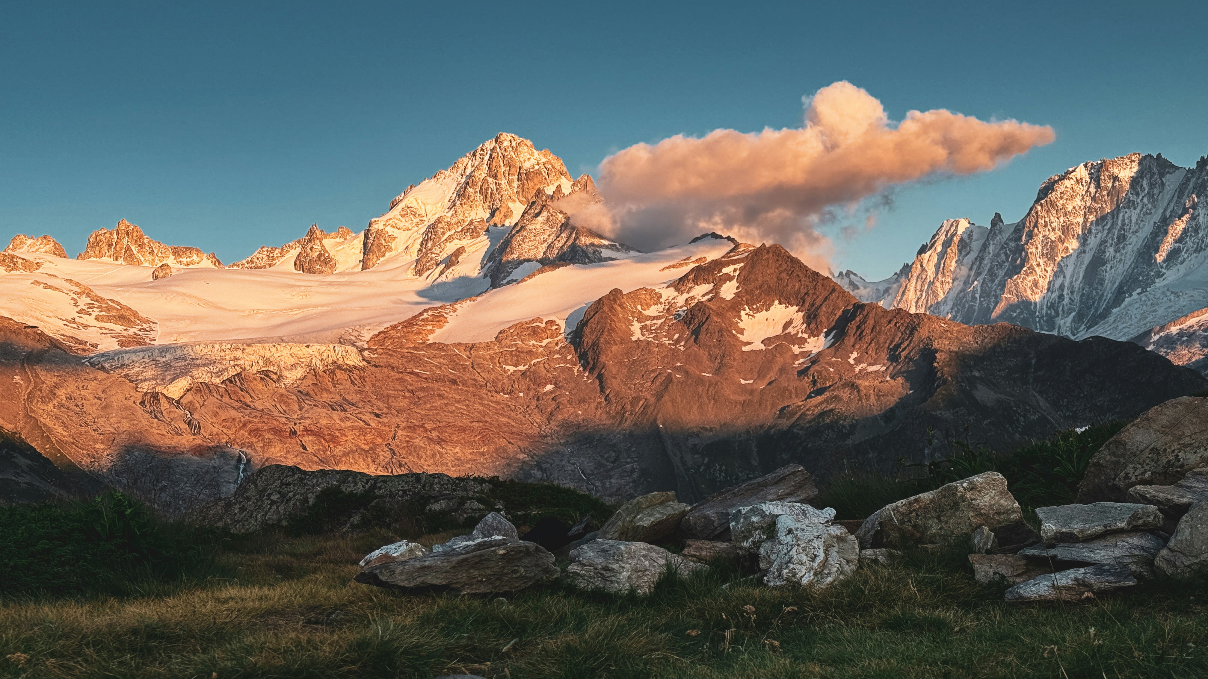 Majestic mountains bask in the morning sunlight.