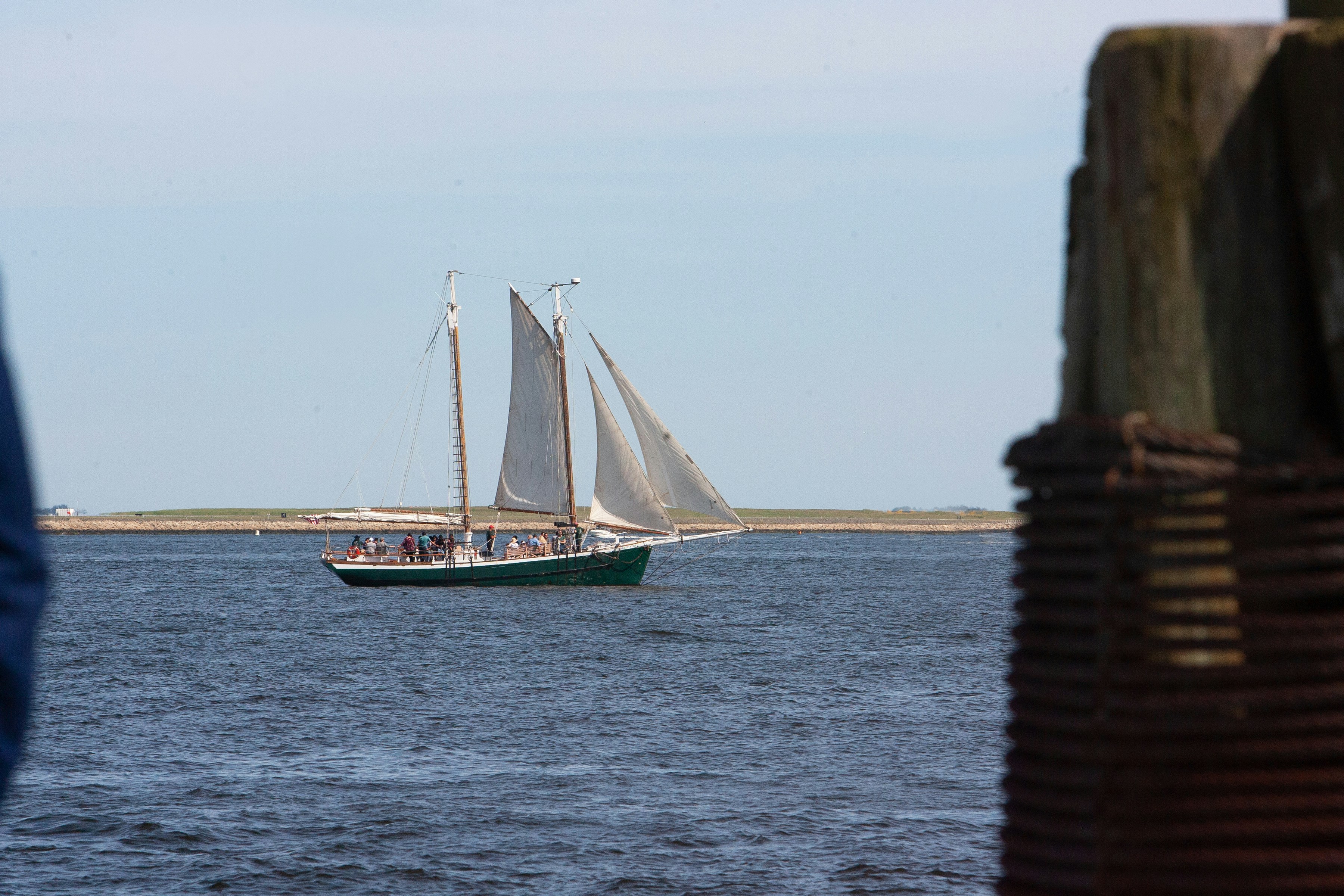 A sailboat glides across the water on a sunny day.