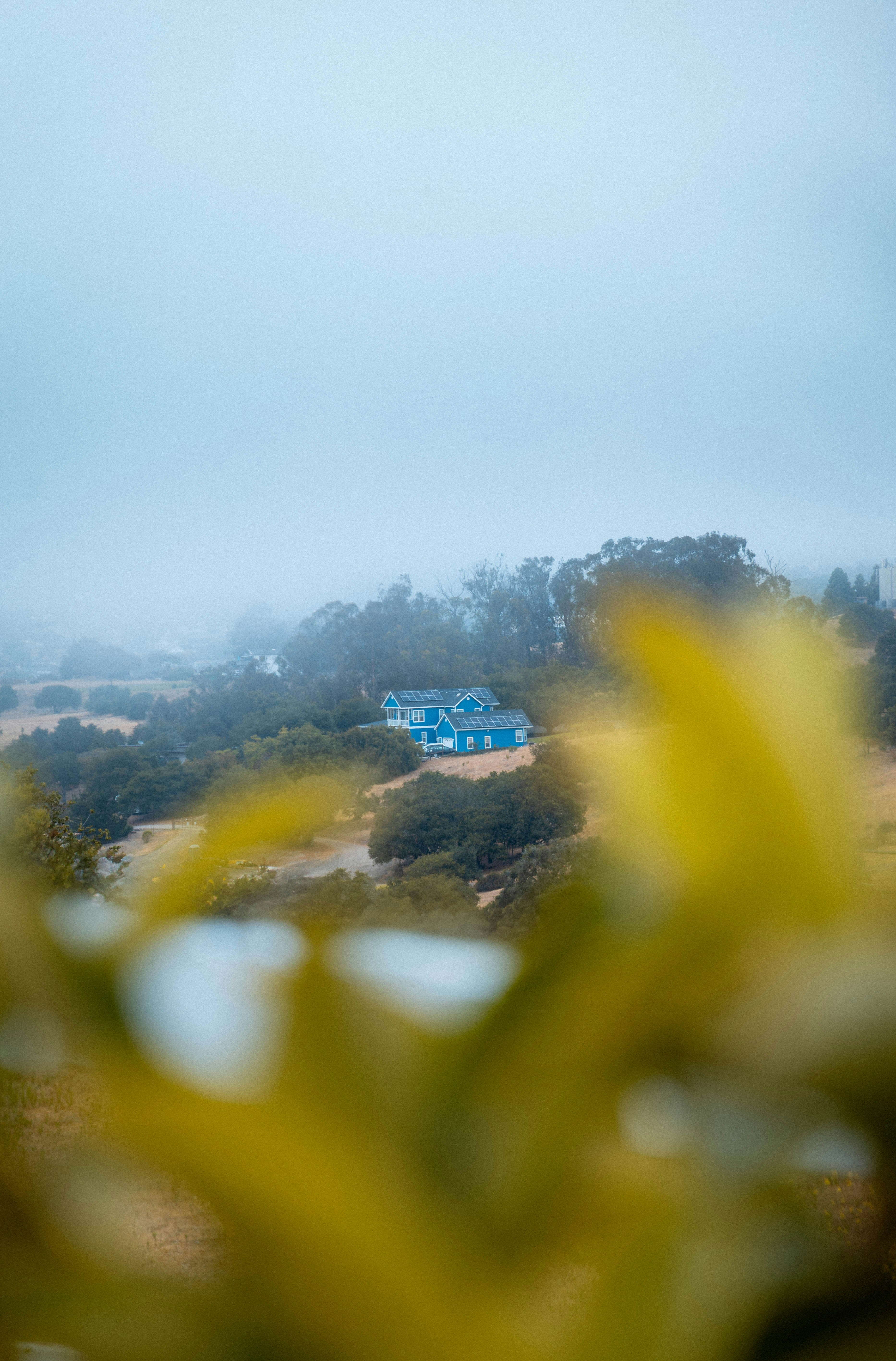 A blue house on a hill surrounded by fog.