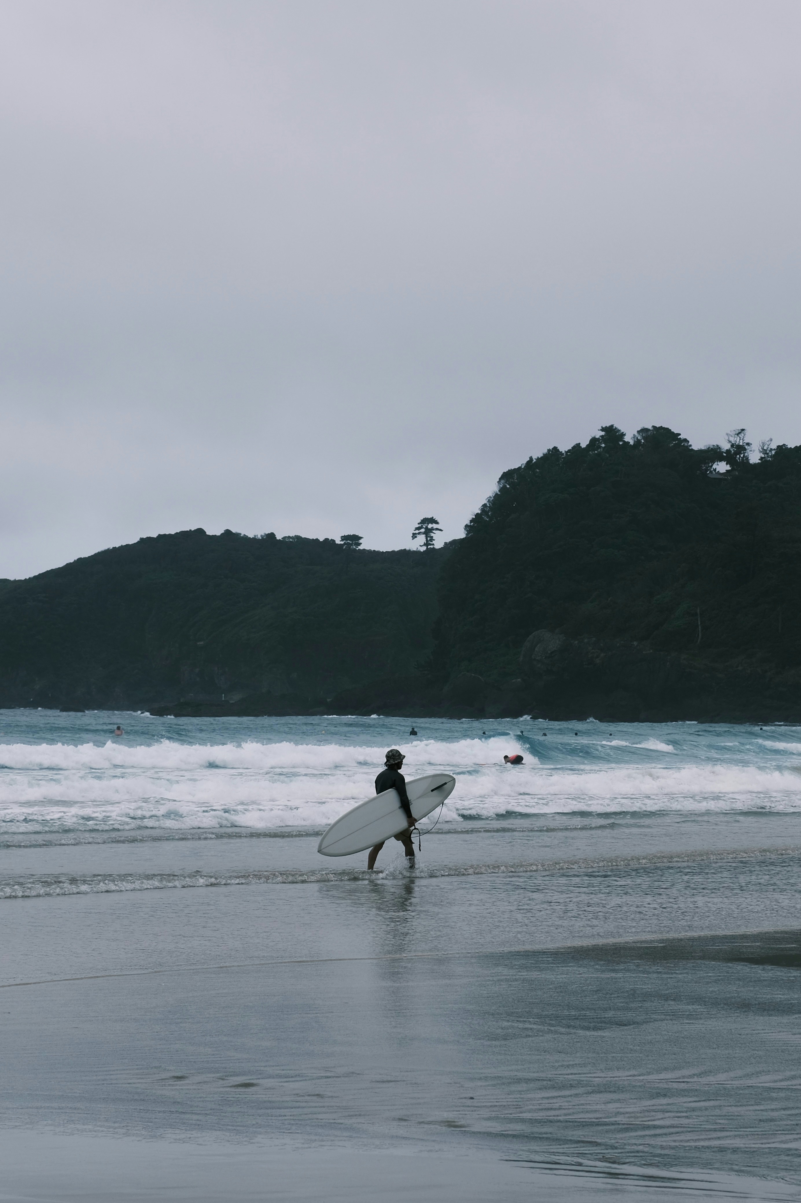 Surfer walks into the ocean with a surfboard.