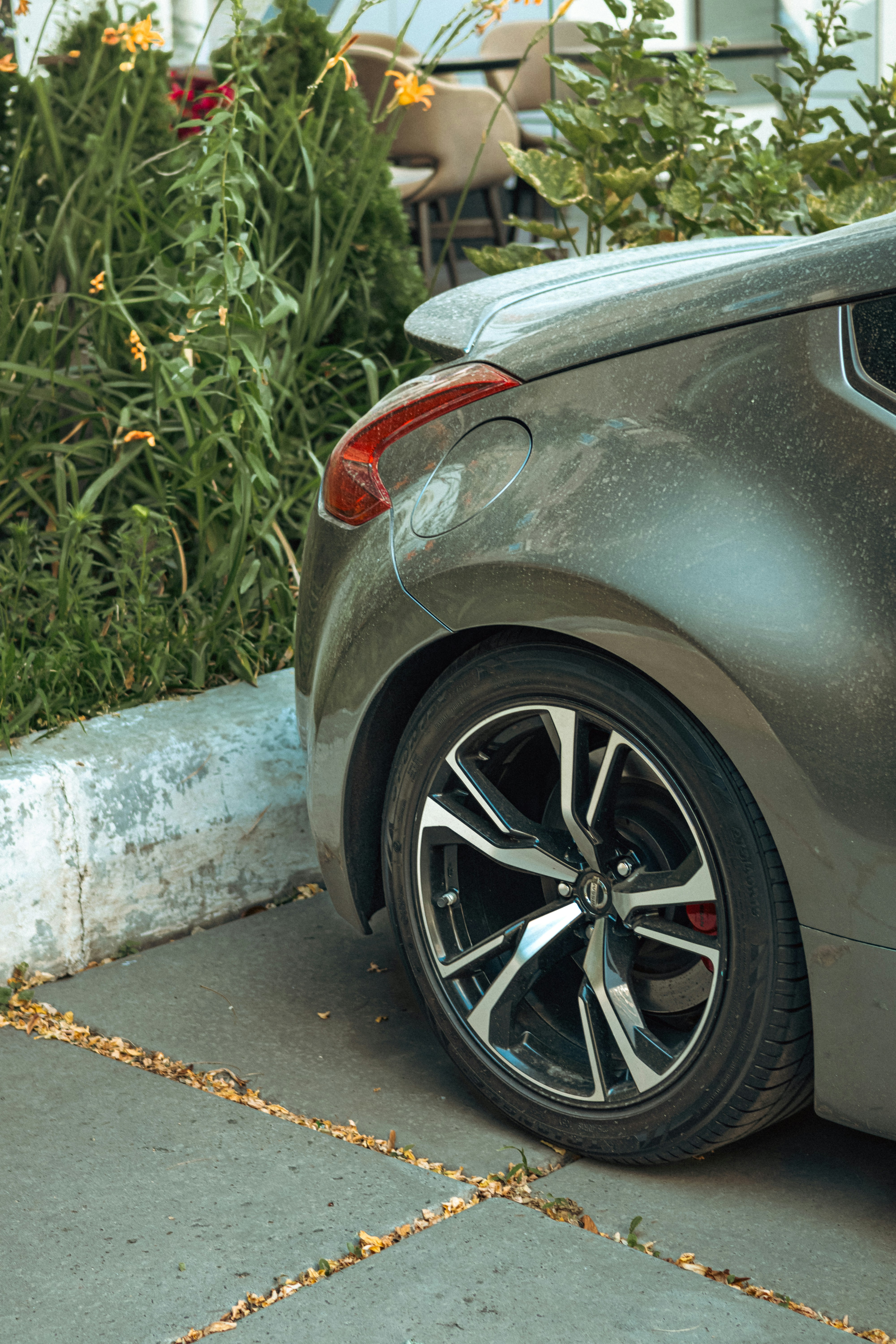 Rear-Quarter Reverie: A Metallic Car Beside a Garden Bed