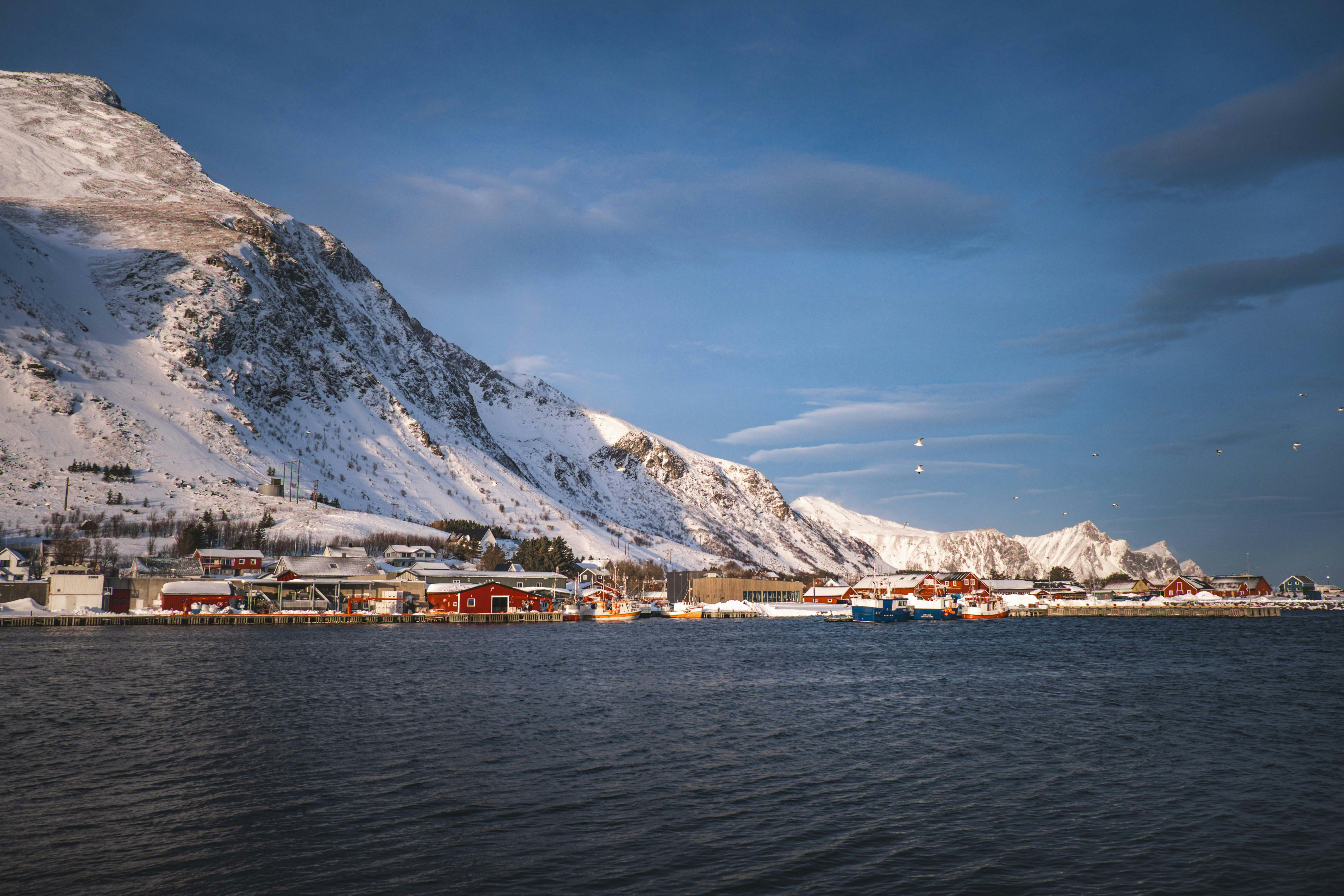 Snow-covered mountains rise above a tranquil harbor, dotted with colorful fishing boats and quaint buildings along the shoreline.
