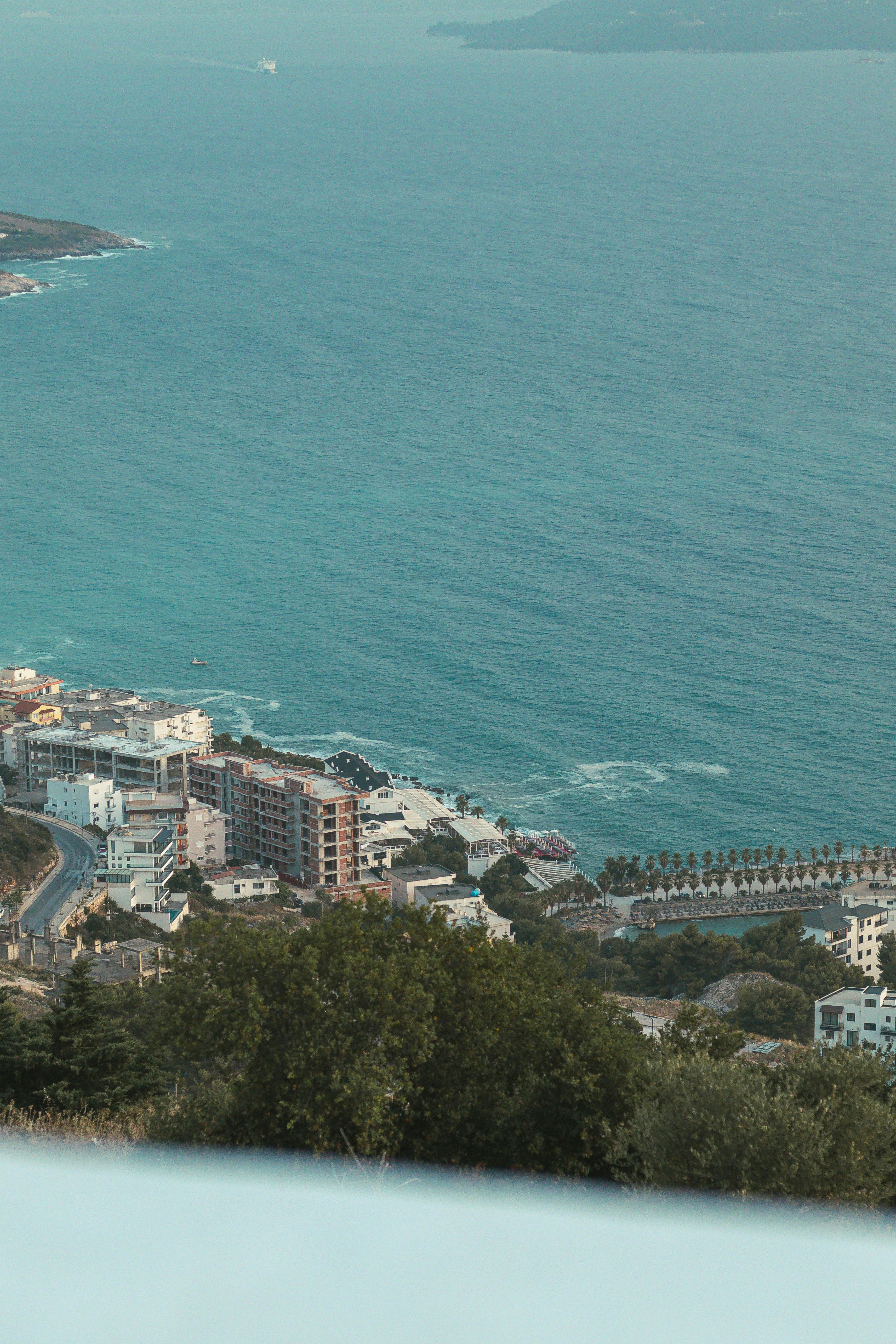 Ocean view with a coastal town.