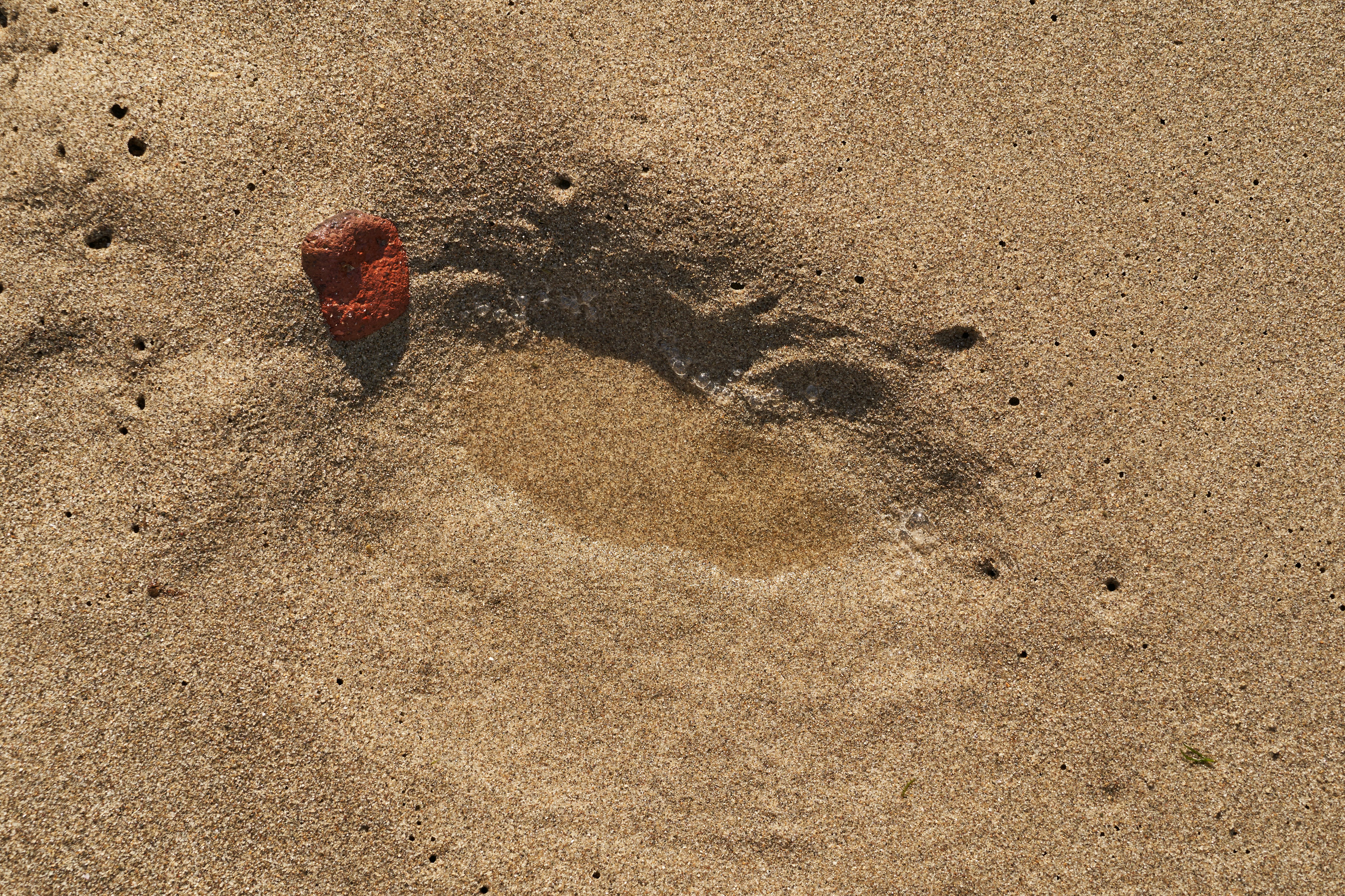 A small red rock beside a shallow depression in sandy beach, capturing the essence of nature's subtle details.