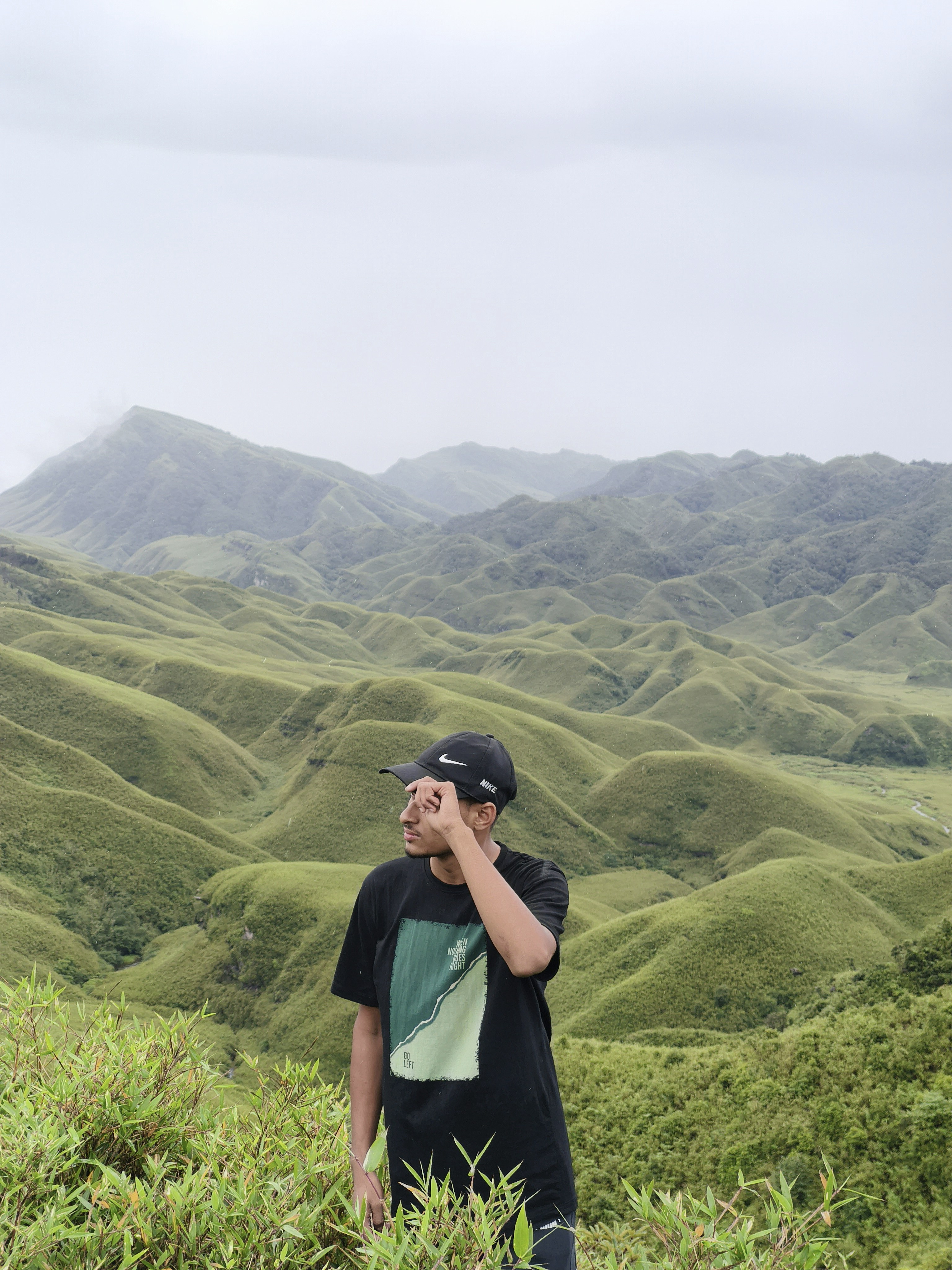 Man gazes over lush, green mountains.