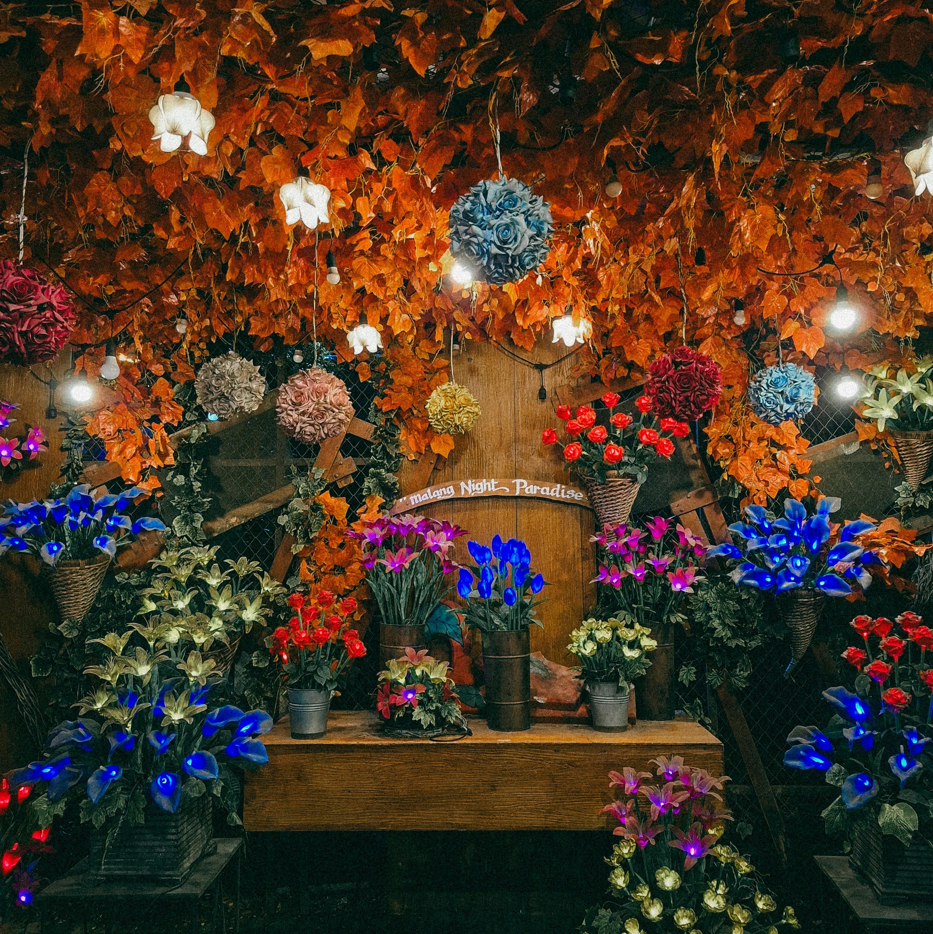 Flowers and decorations create a colorful, vibrant display.