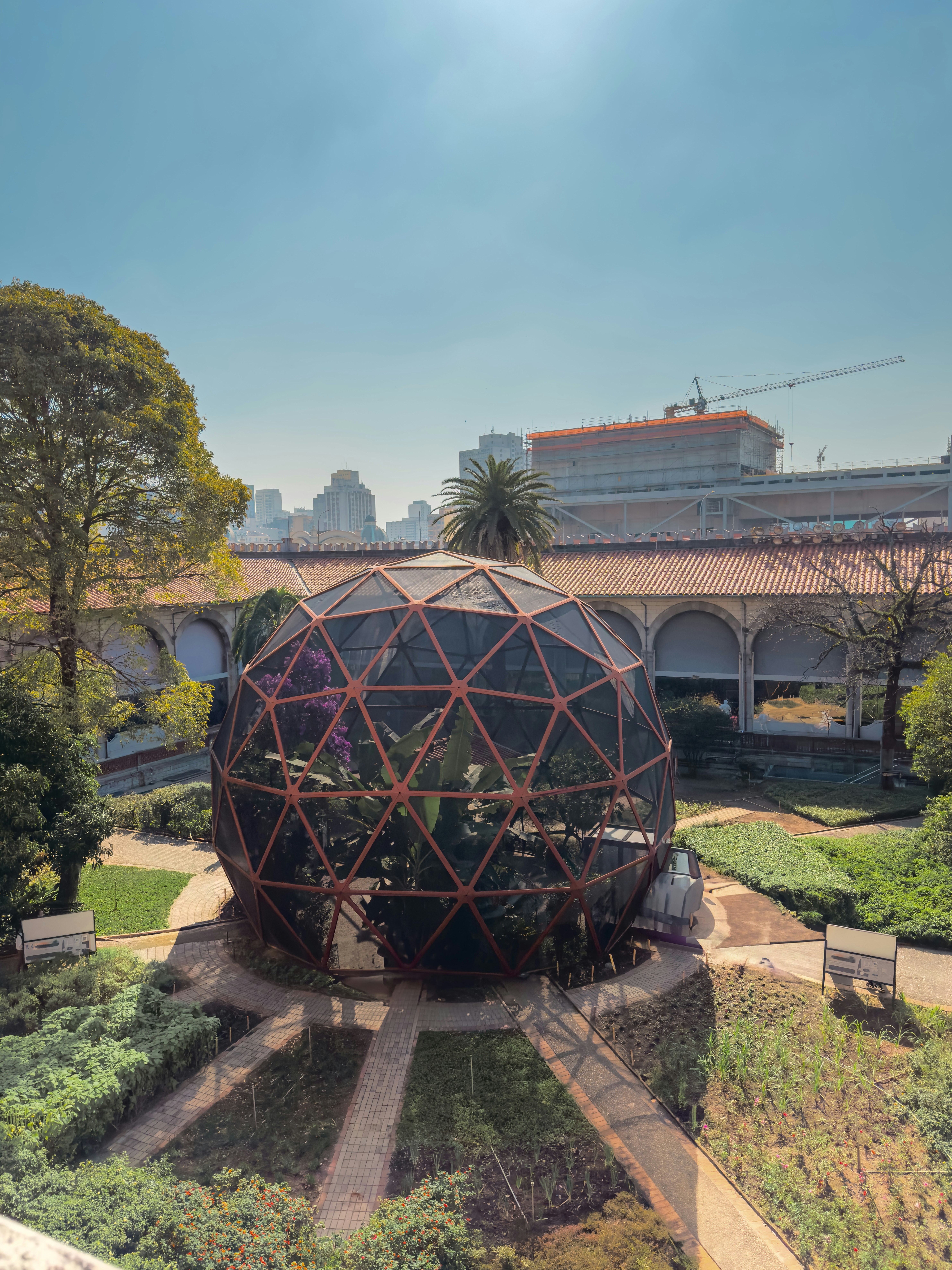 A modern geodesic dome surrounded by lush greenery and urban structures, showcasing the blend of nature and contemporary design.