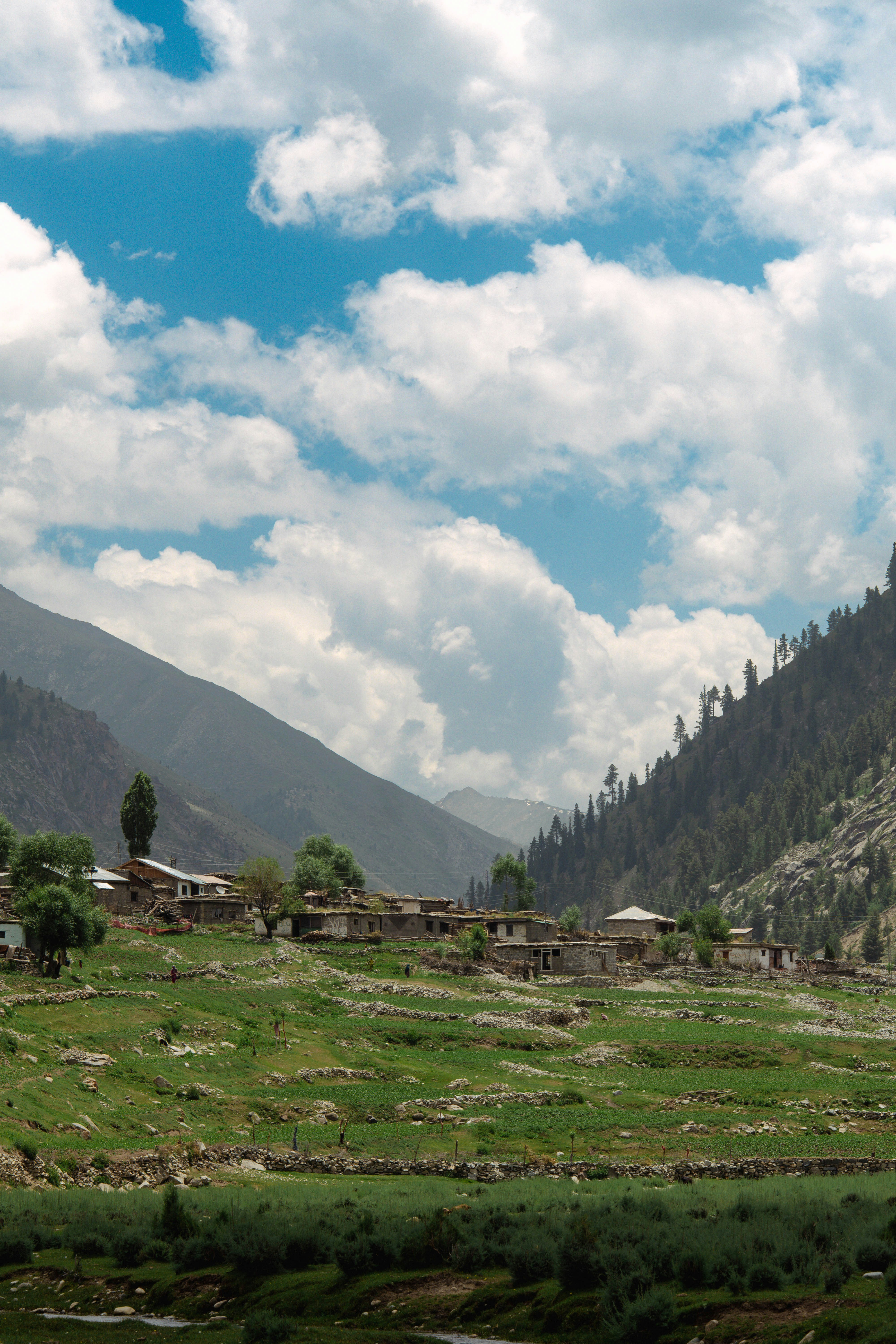 Lush green fields cradle a quaint village nestled in the mountains, under a dynamic sky filled with clouds. A tranquil scene of rural life unfolds amidst nature's grandeur.