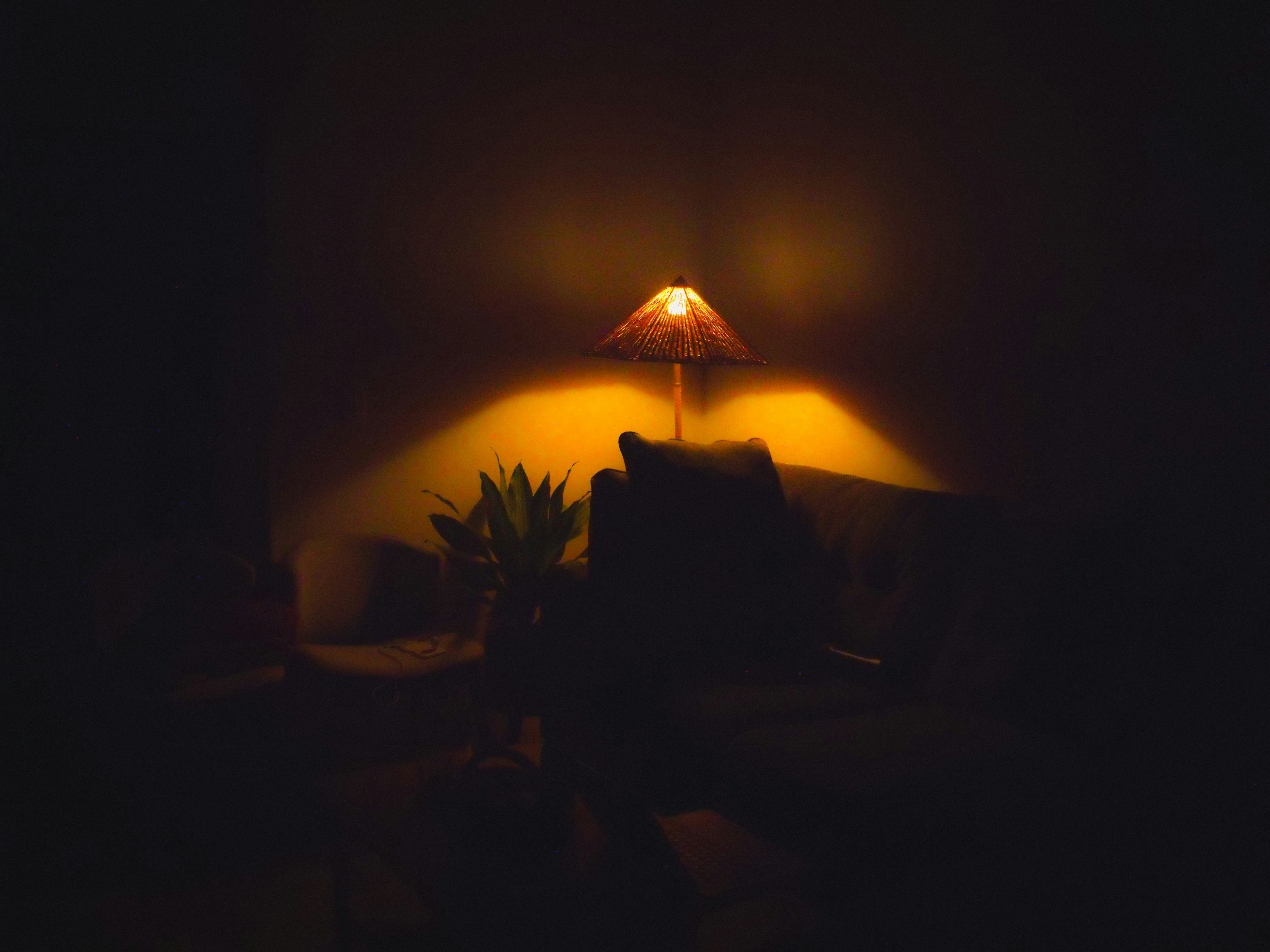 A lamp illuminates a dark room and furniture.