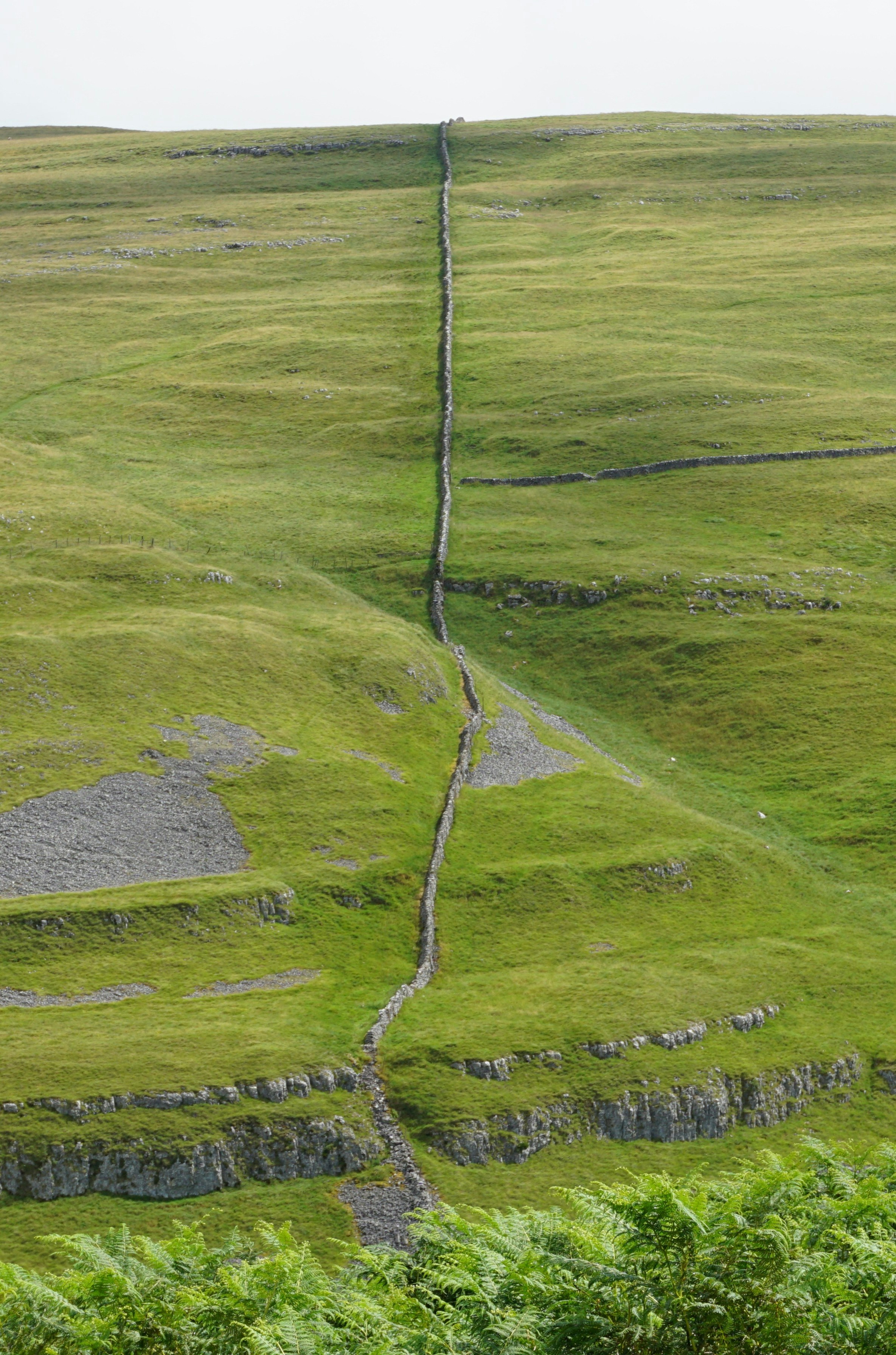 A winding stone wall divides the lush green hills, showcasing the intricate relationship between nature and human craftsmanship.