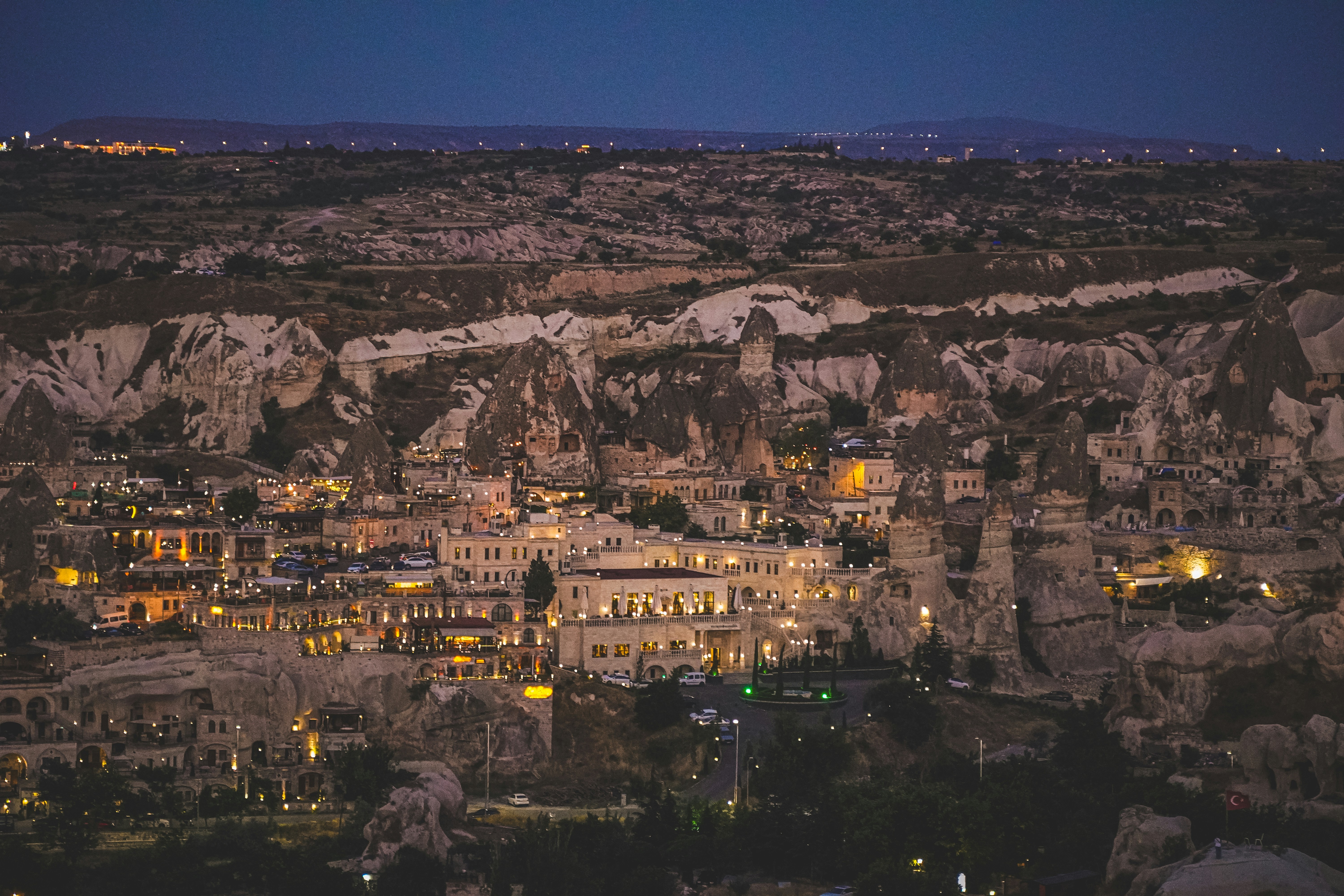 Nighttime view of a beautiful, illuminated rock city.