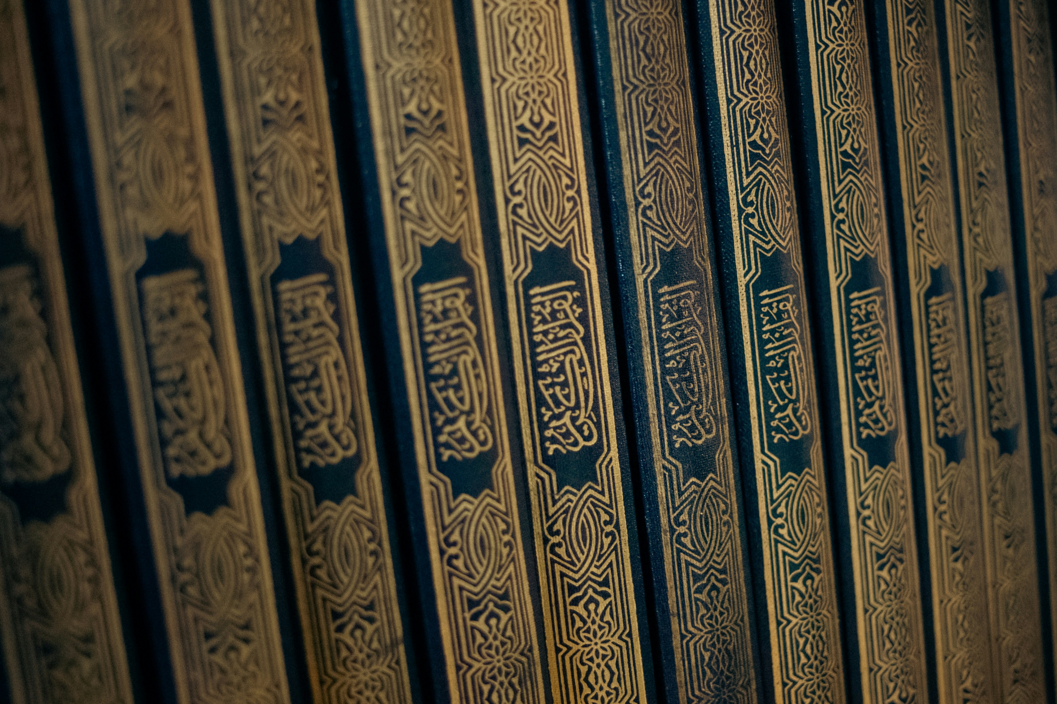Row of intricately designed books with gold lettering on dark covers, showcasing the beauty of traditional craftsmanship.