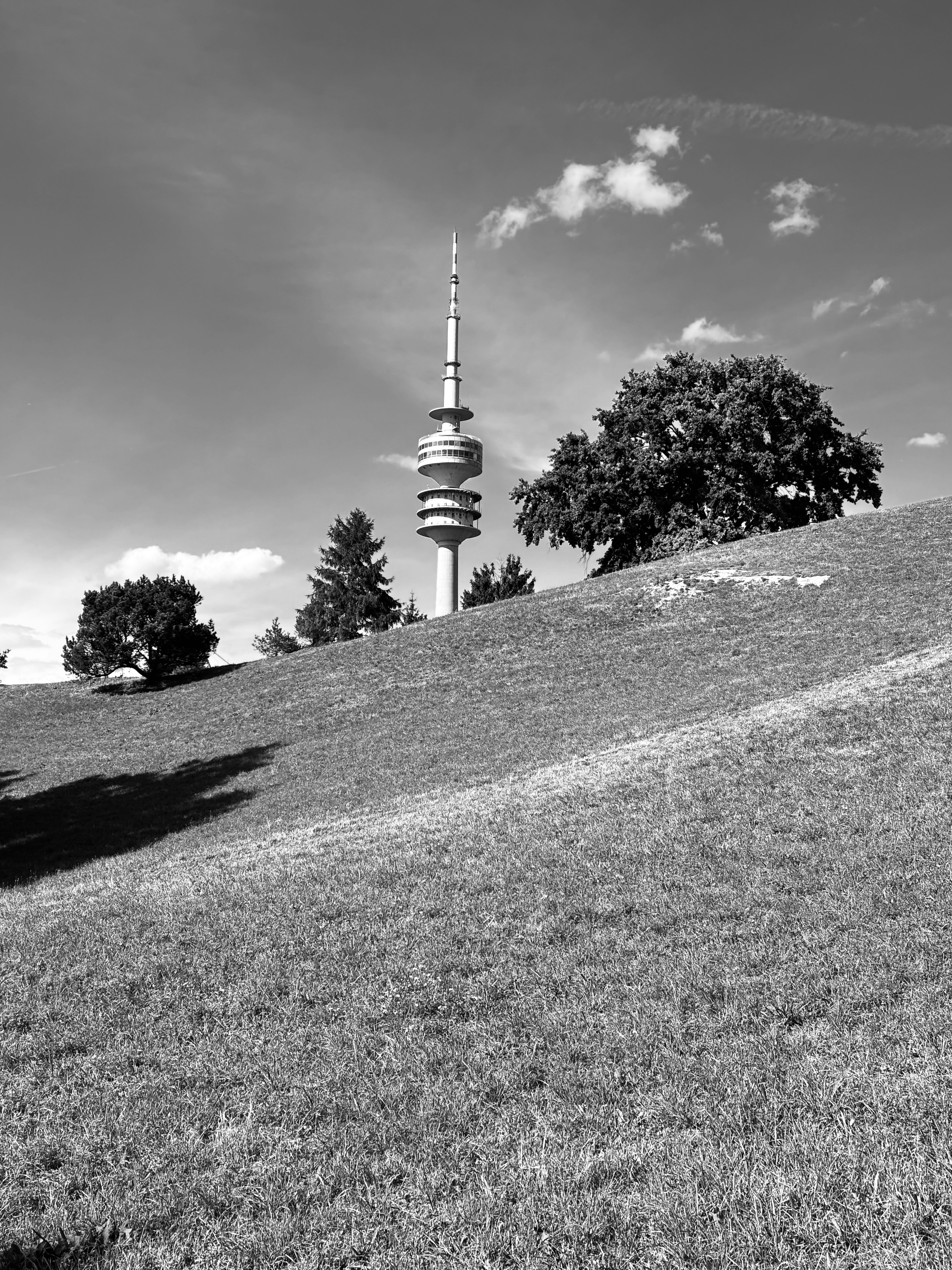 A striking black and white view of a communication tower rising above a gently sloping hill, surrounded by trees under a partly cloudy sky.