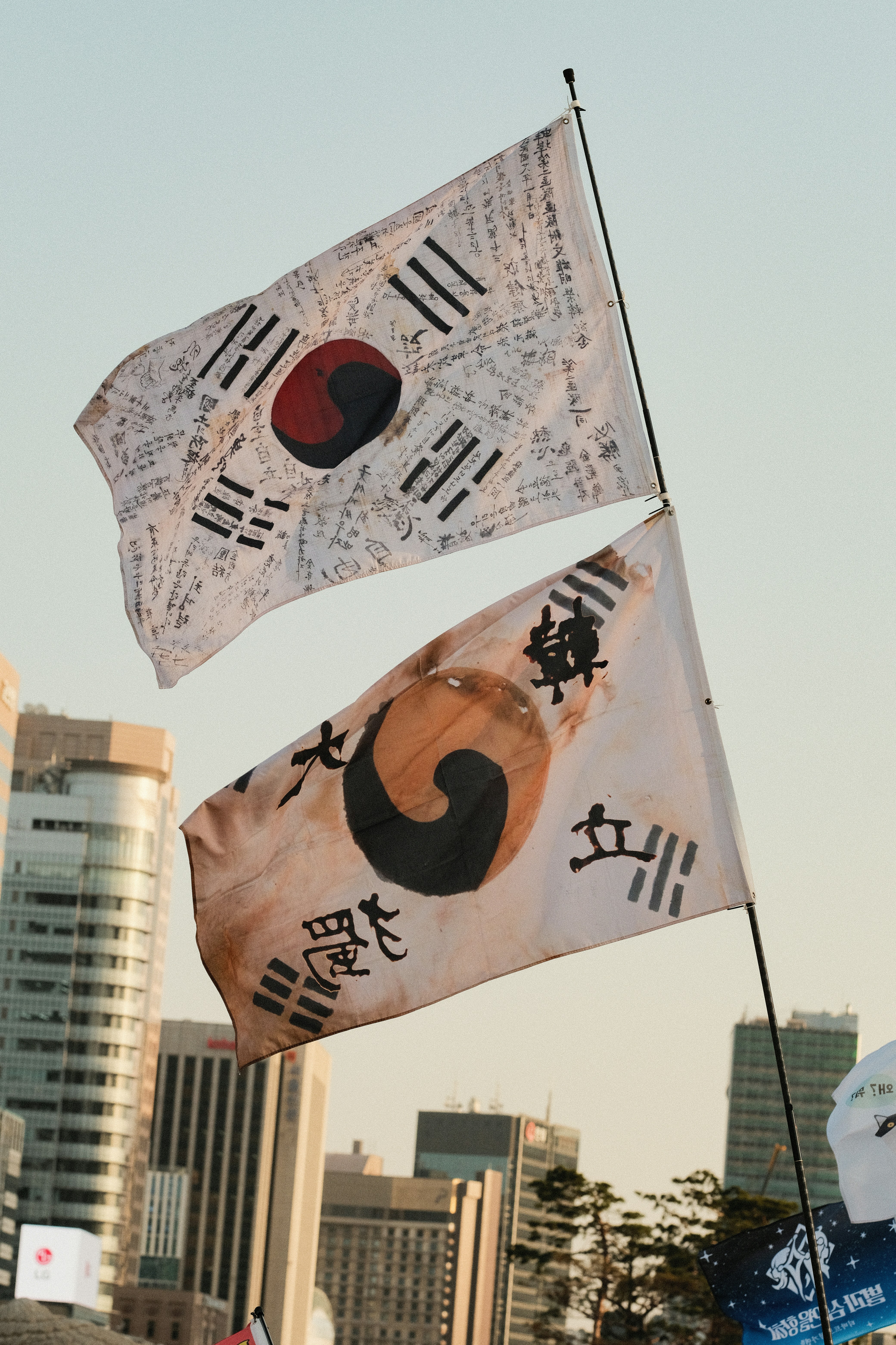 Korean flags wave in front of buildings.