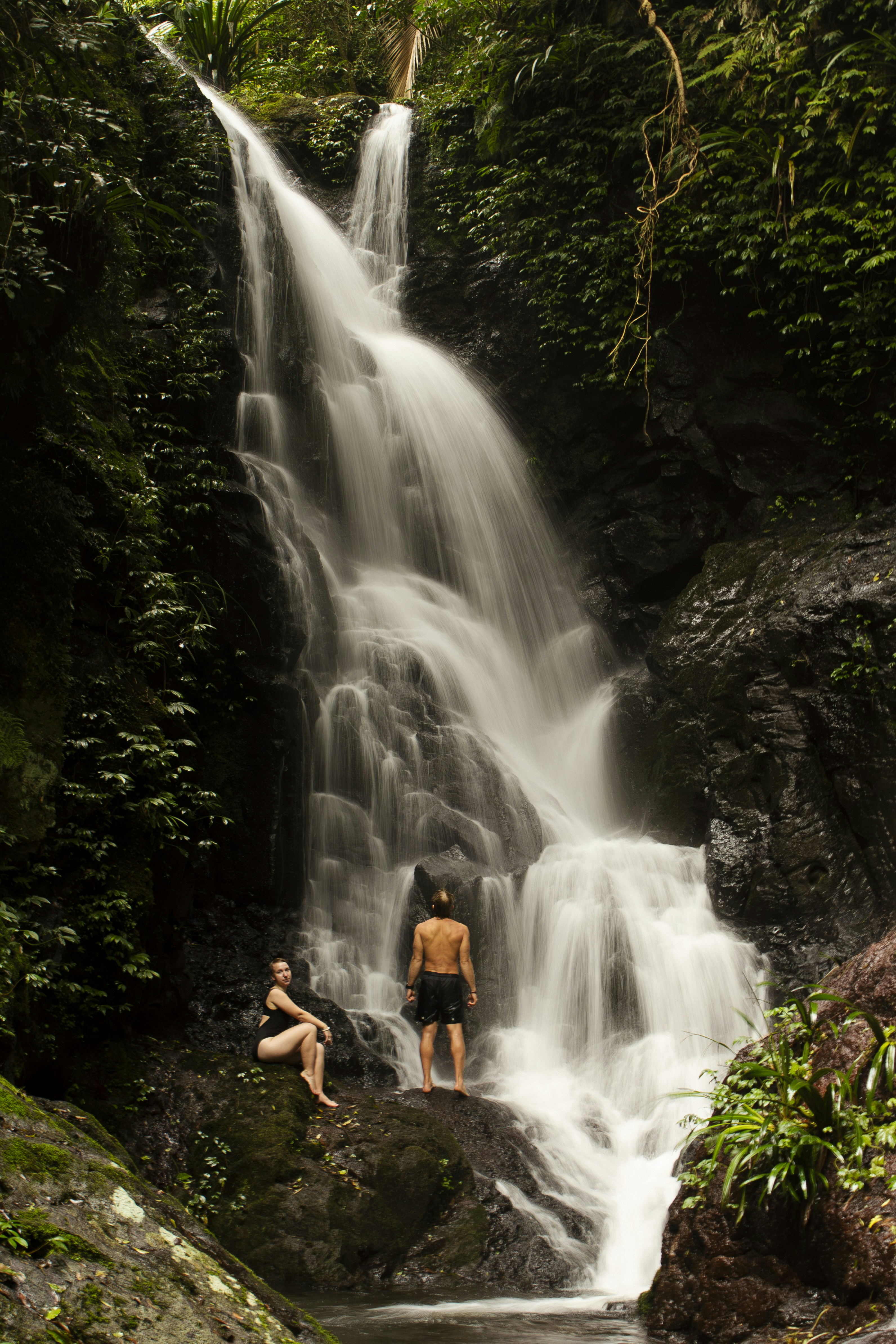 People enjoying a waterfall in a lush forest.
