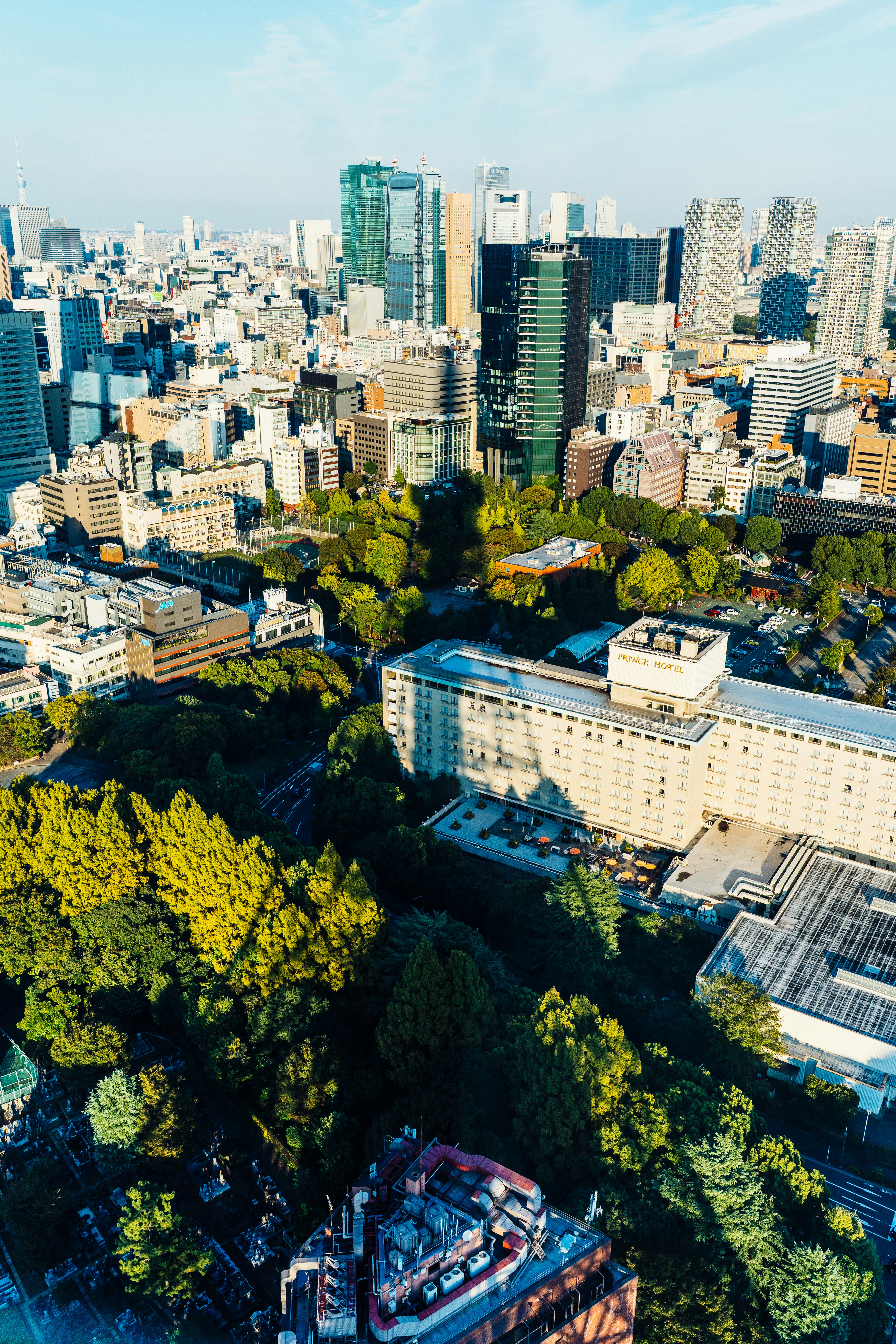 Aerial view of a bustling cityscape with a prominent shadow cast over a green park, showcasing the interplay of nature and urban architecture.