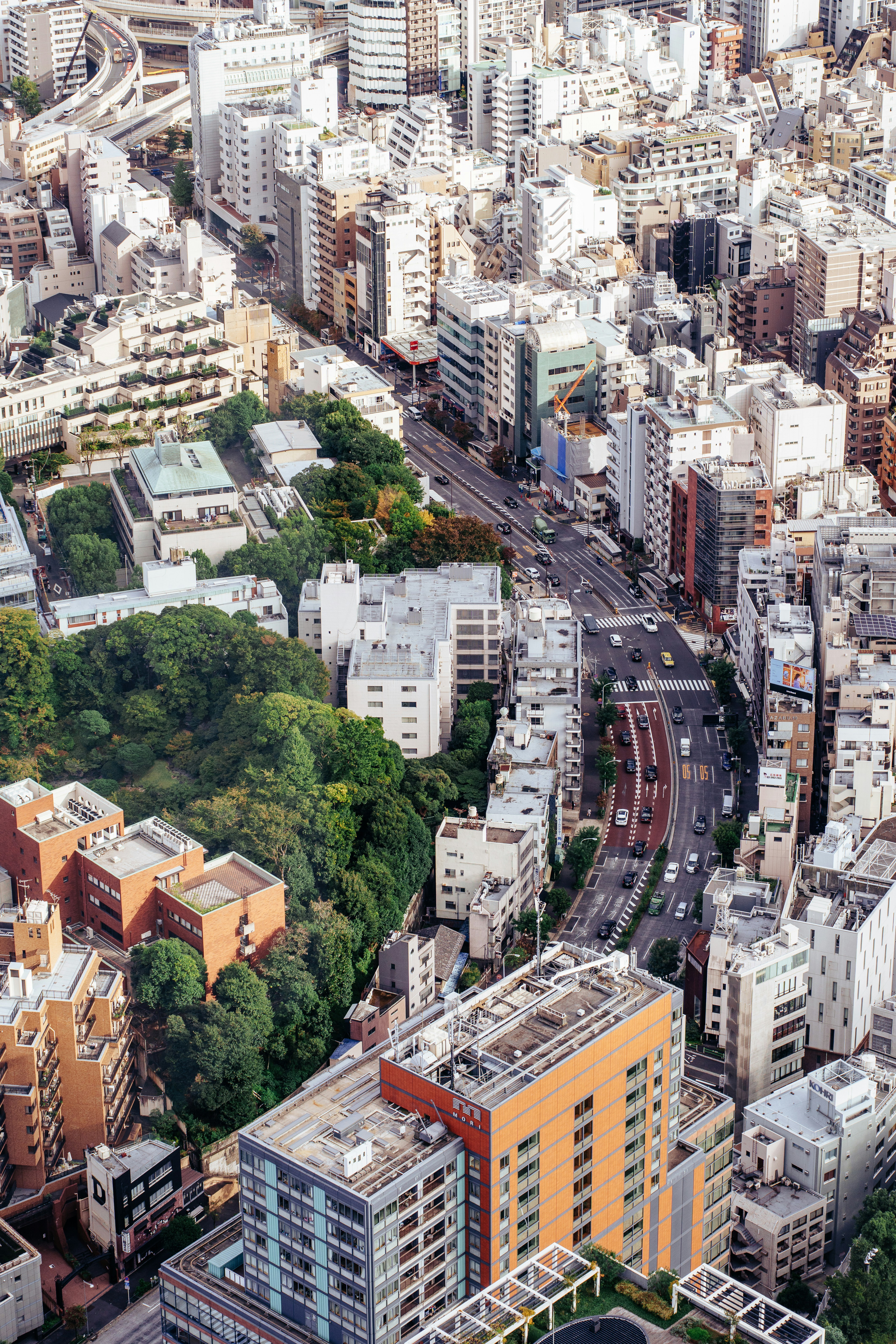 Aerial view of a bustling urban landscape showcasing a mix of greenery and densely packed buildings. The intricate layout highlights the dynamic relationship between nature and city infrastructure.