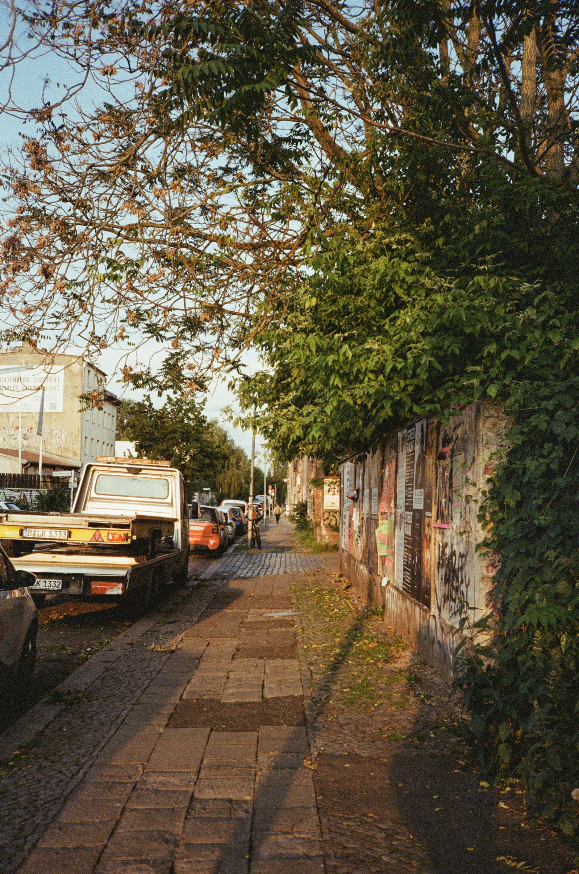 A shady street scene with vehicles.