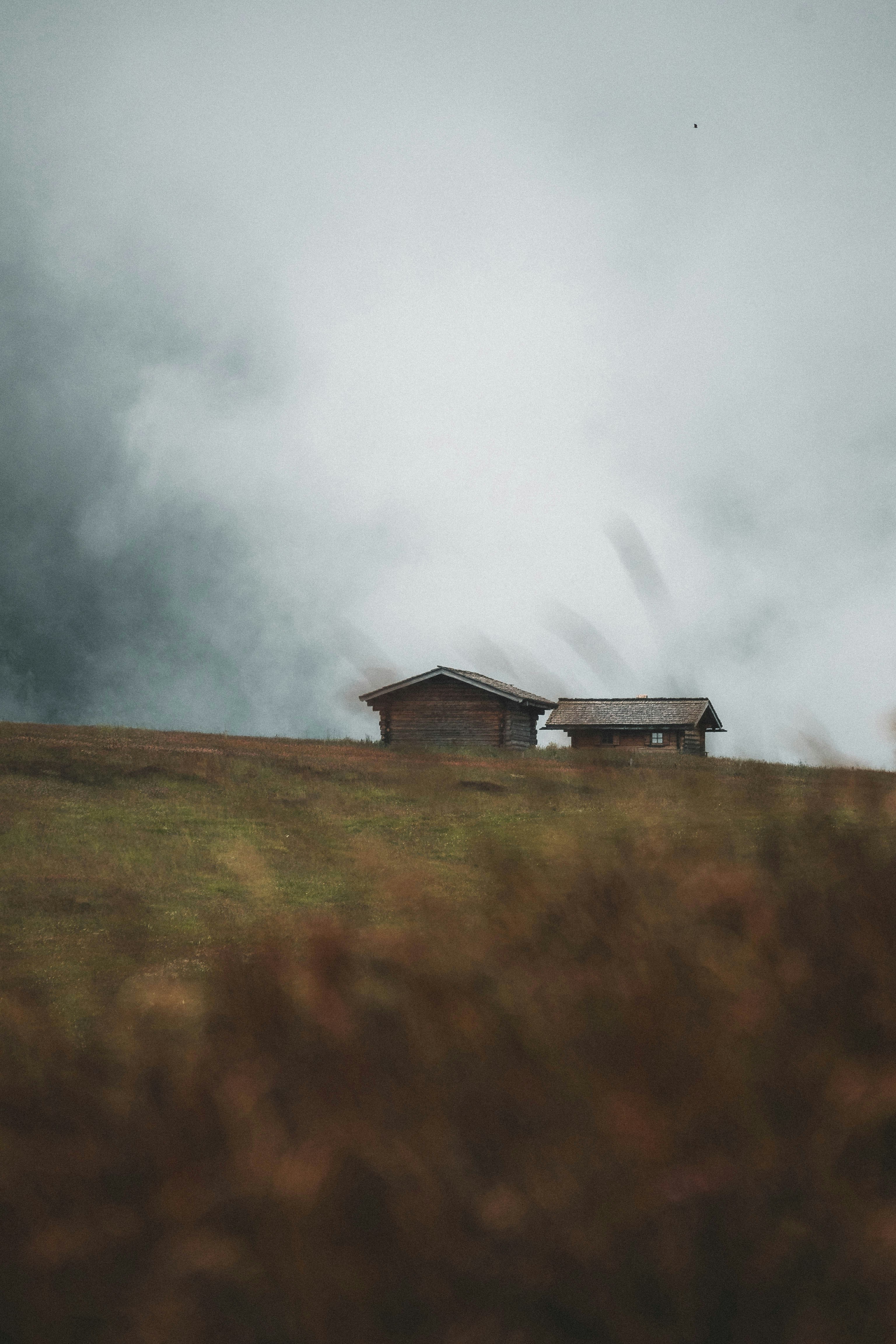 Two small cabins sit atop a grassy hill.