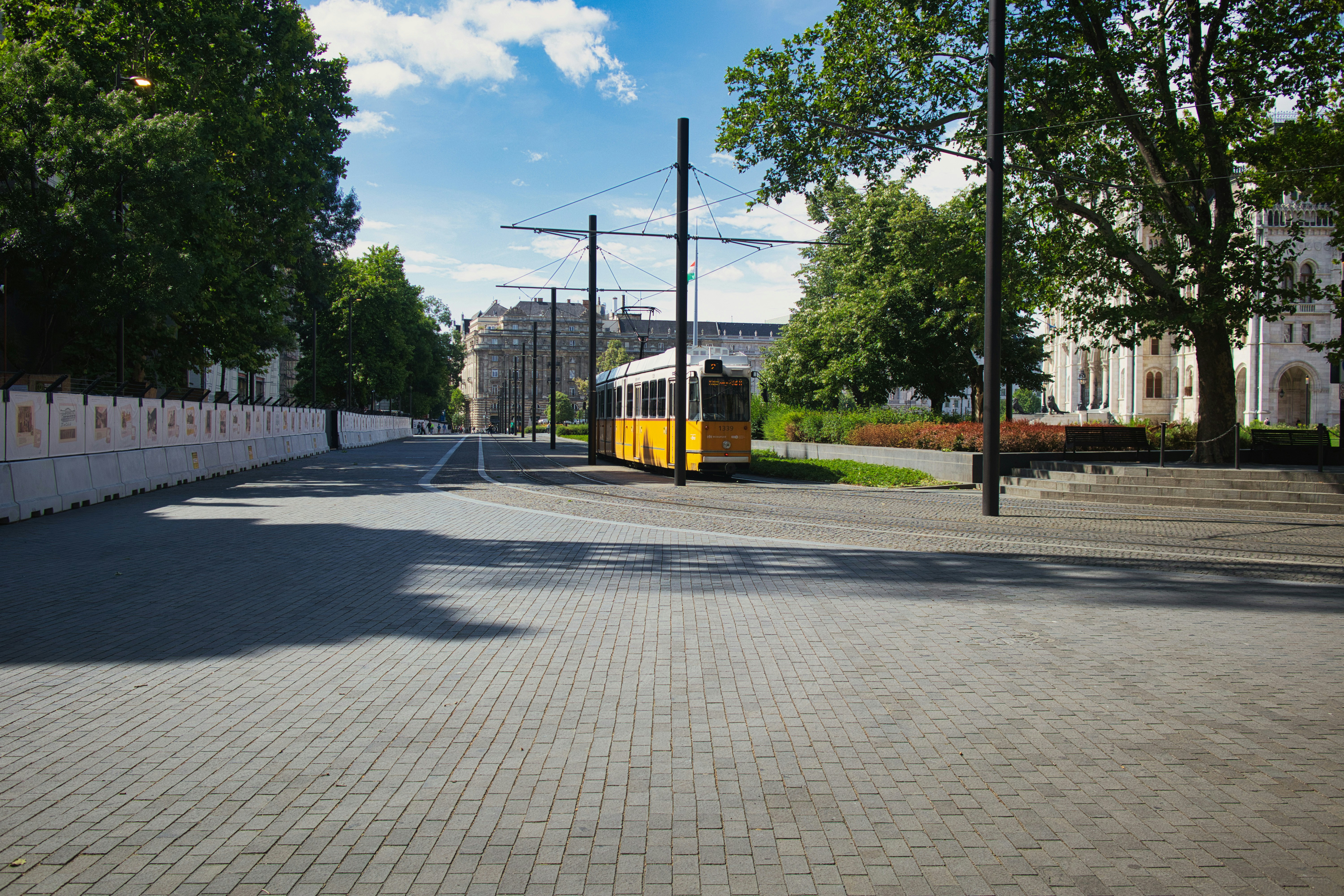 A yellow tram stands on a broad, paved street lined with trees and buildings, showcasing a blend of urban life and greenery.