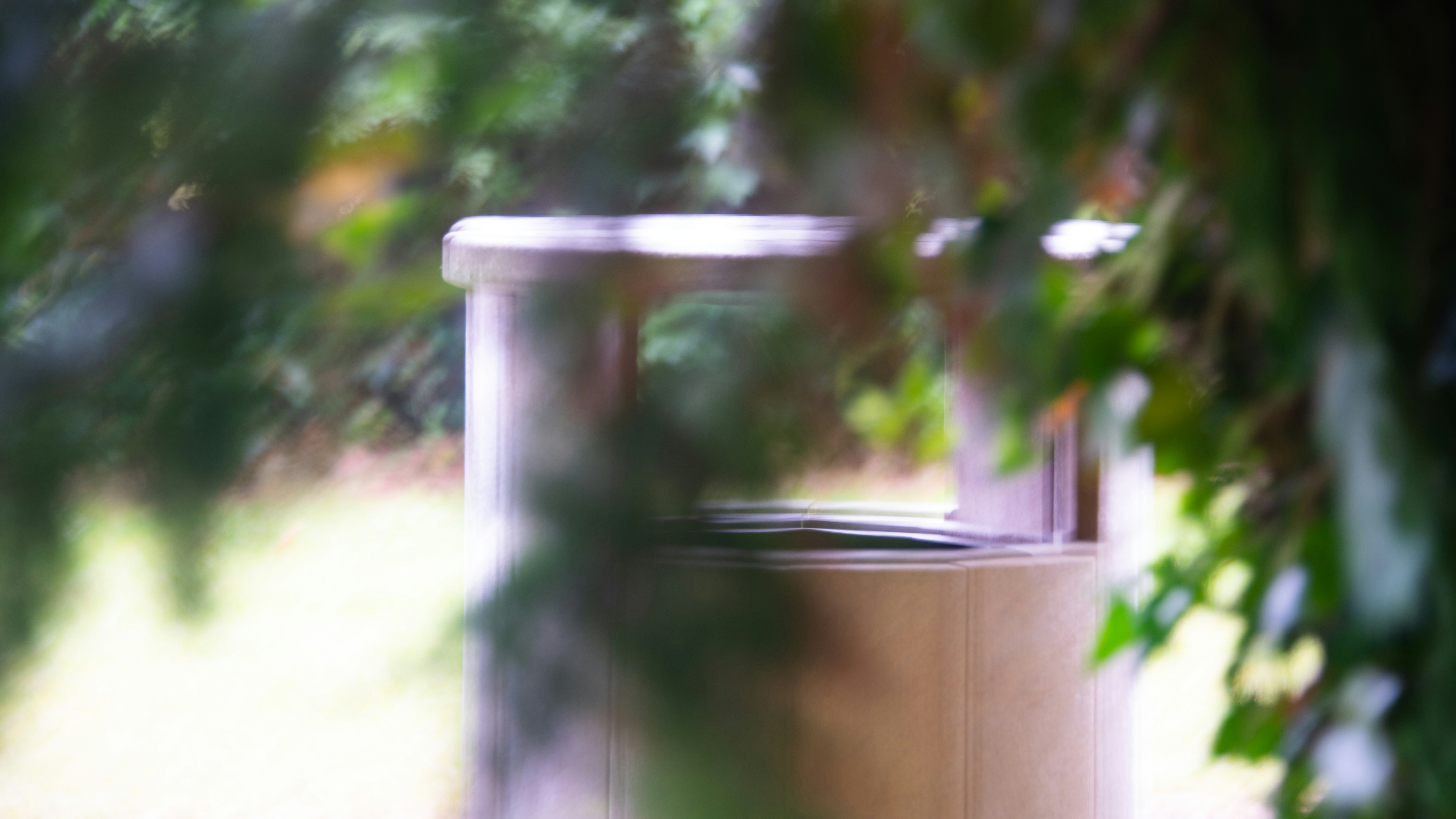 Looking through something | A trash can seen through the bush.