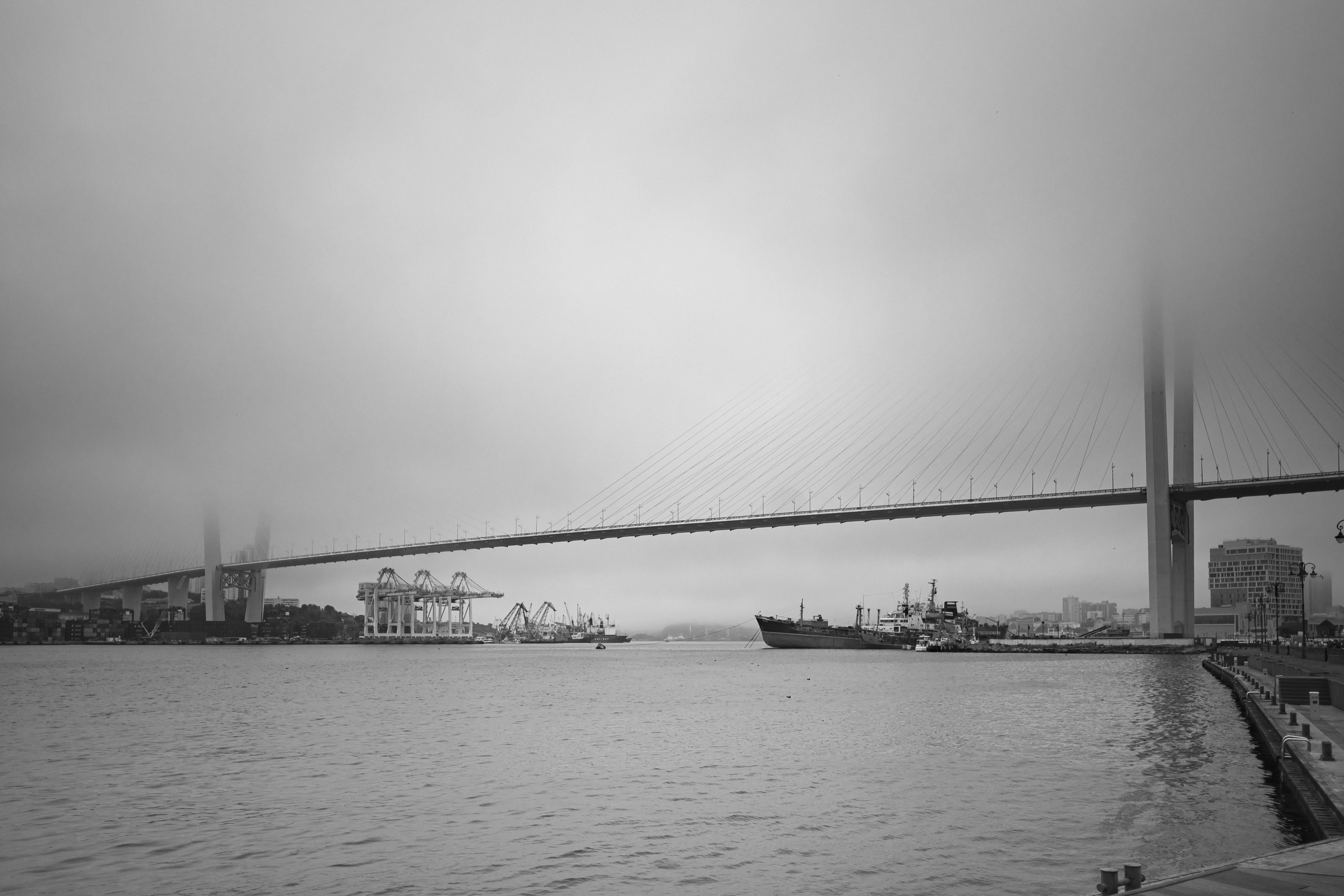 Cable-stayed suspension bridge over Golden Horn Bay in Vladivostok. | A bridge, sea, and cloudy sky.