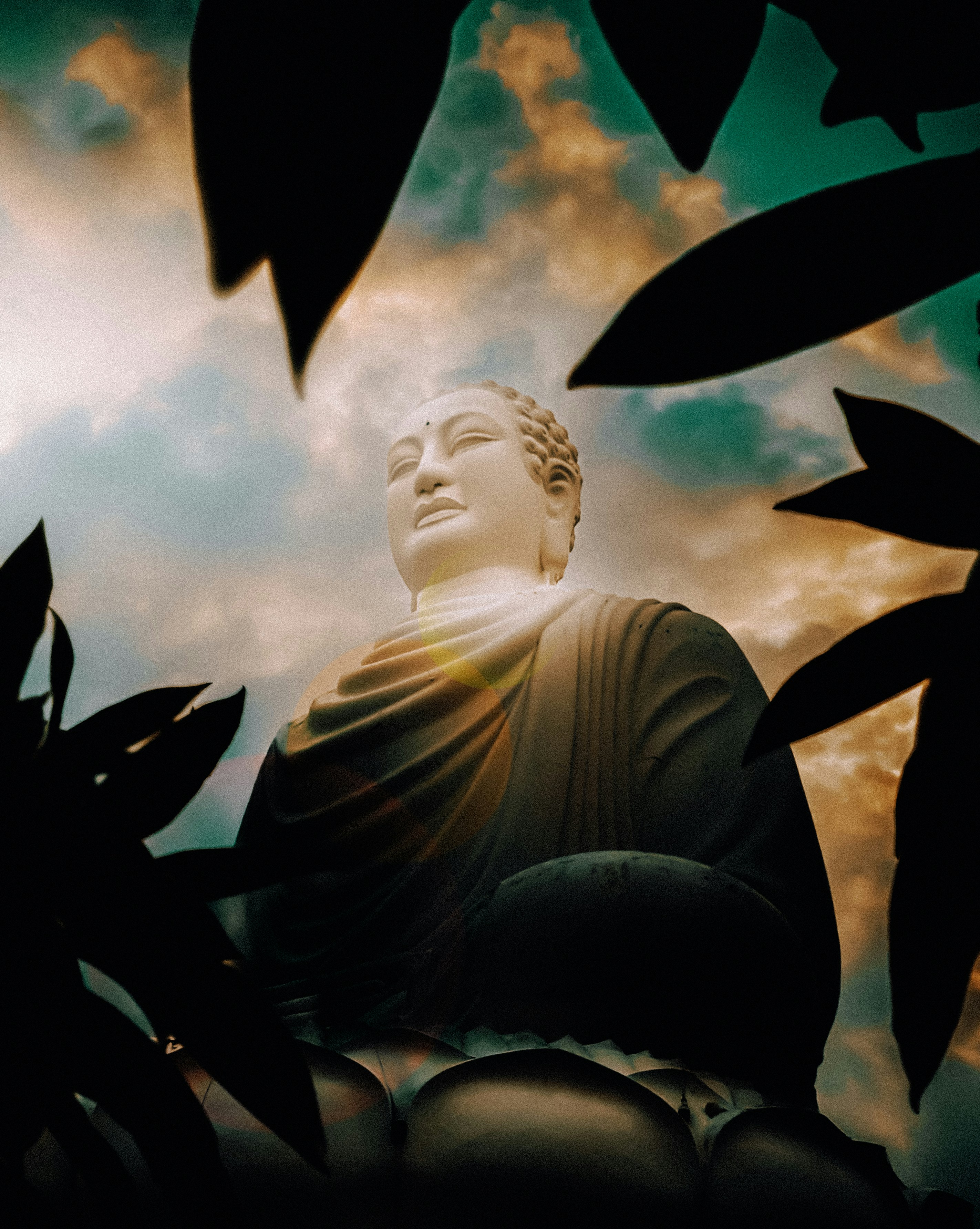 A buddha statue framed by leaves against the sky.