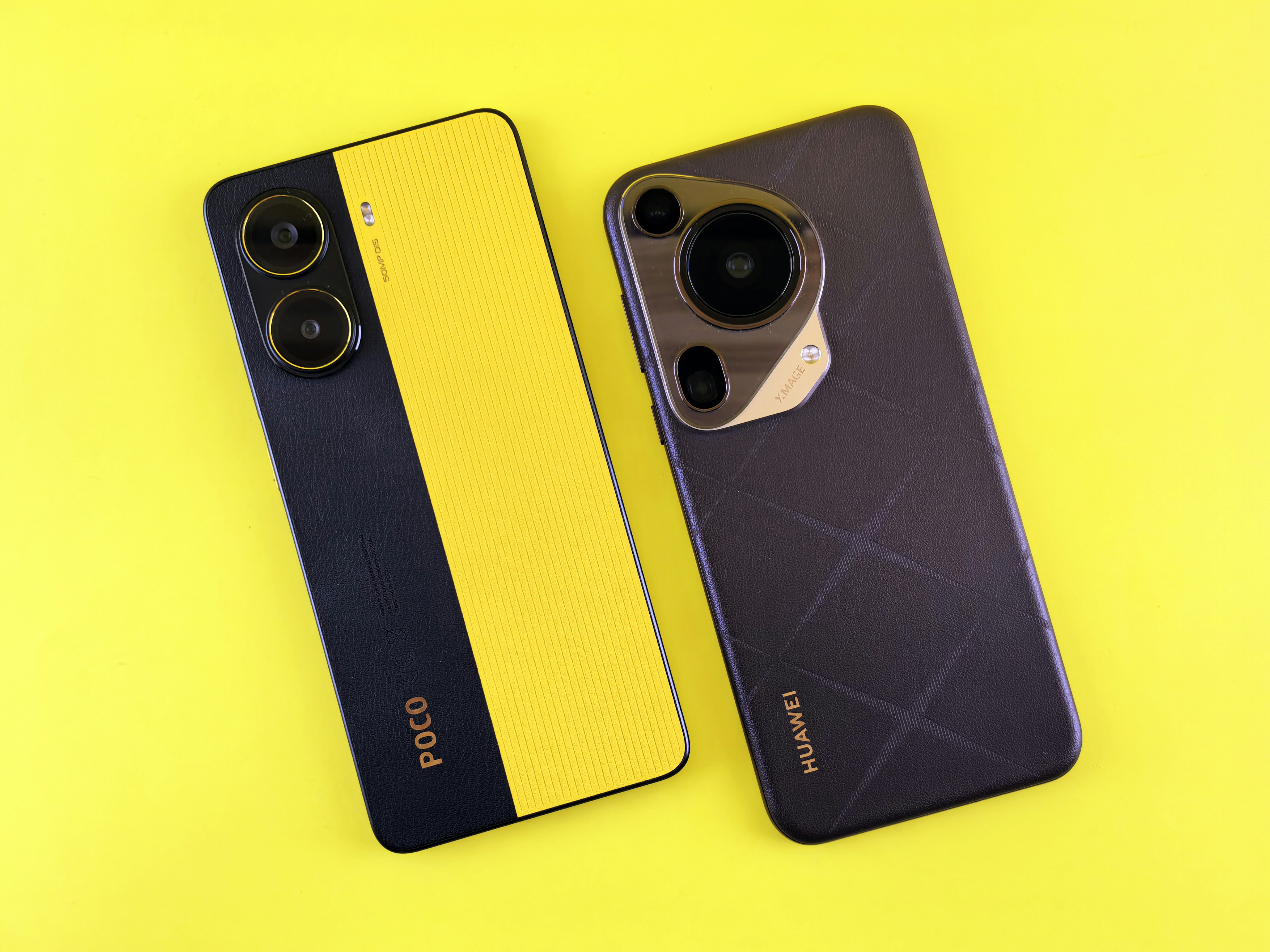 Two smartphones lie side by side on a yellow background.