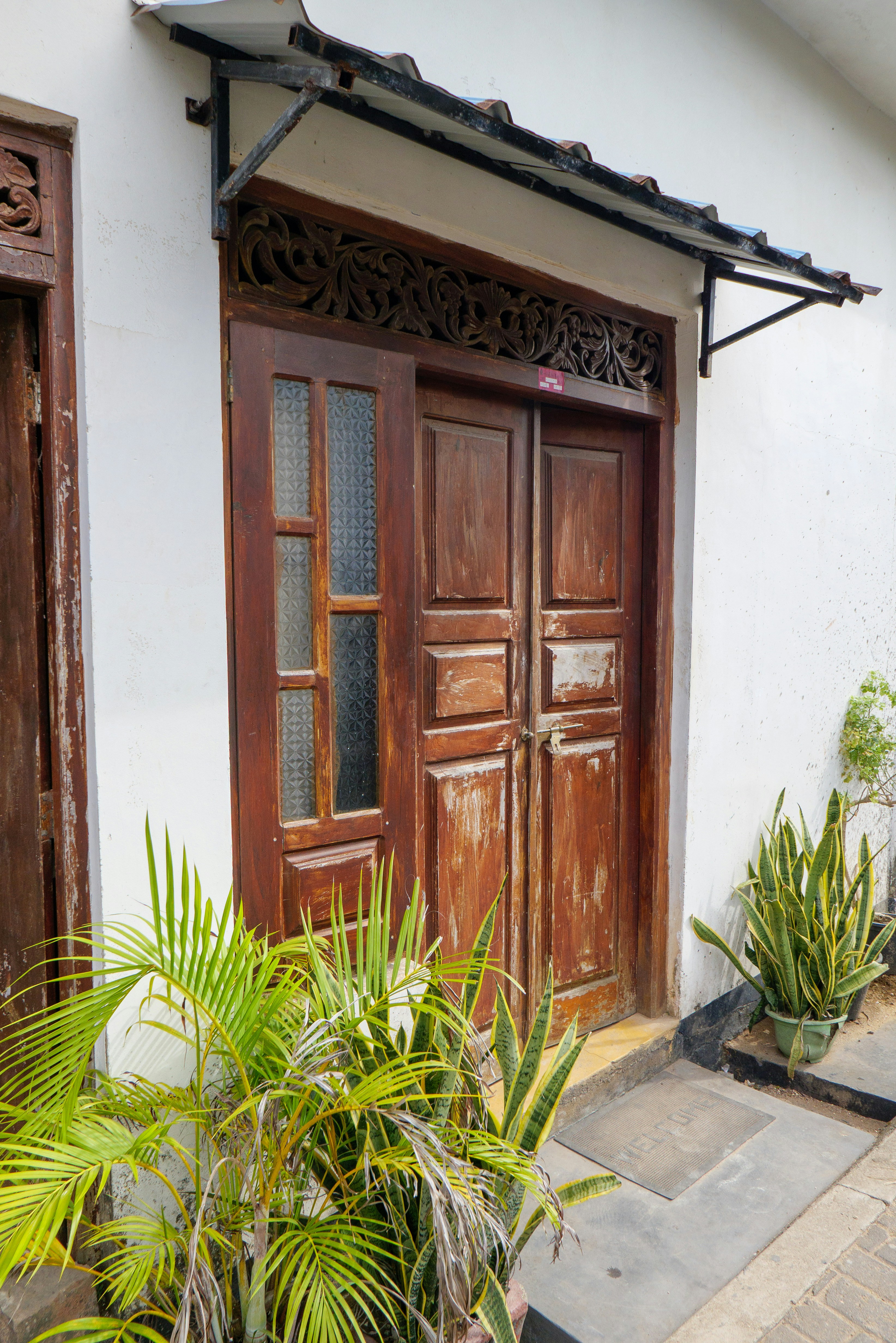 Weathered wooden doors with intricate carvings, framed by vibrant greenery, evoke a sense of history and charm.