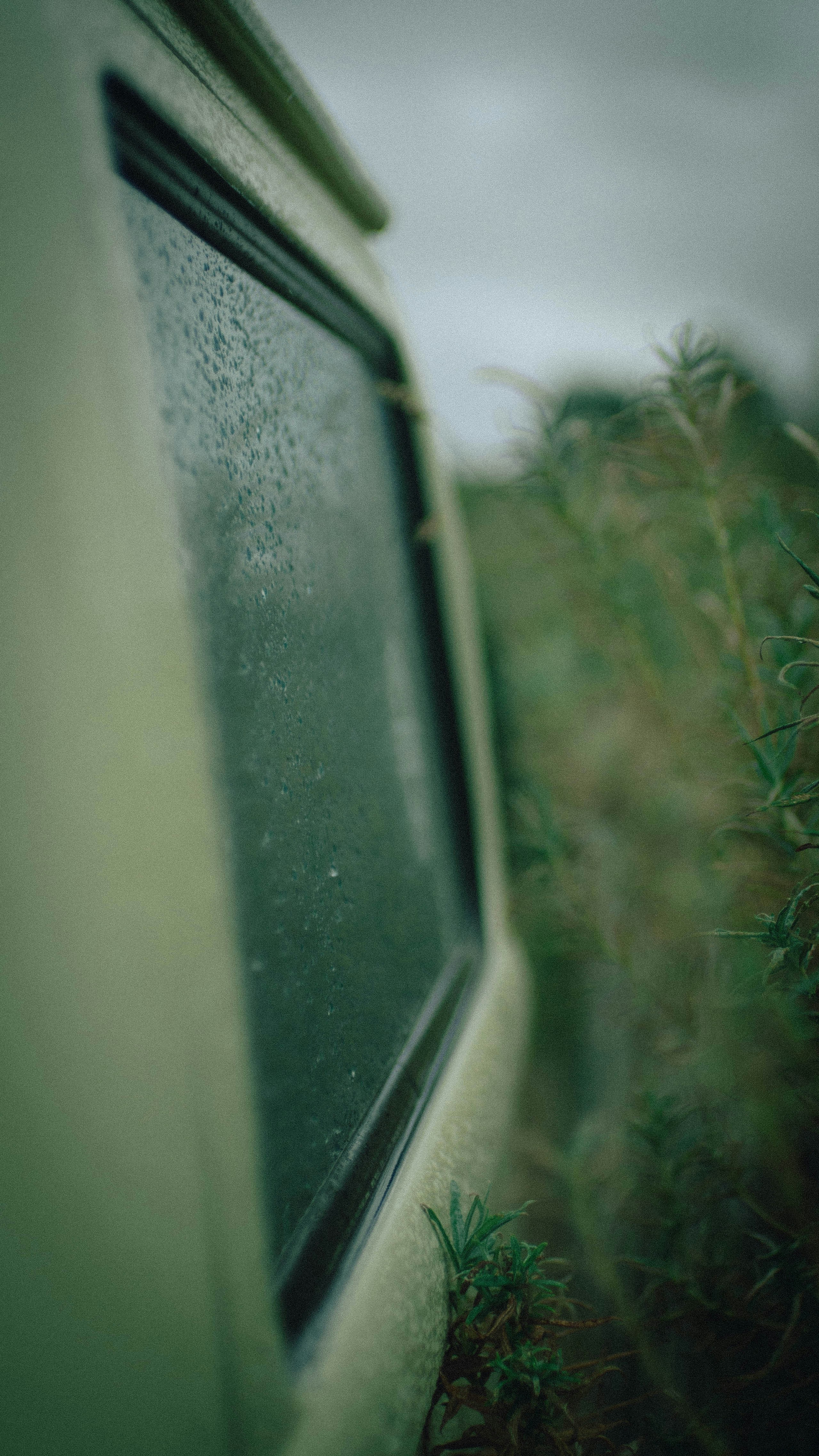 Raindrops on a vehicle window in a field.