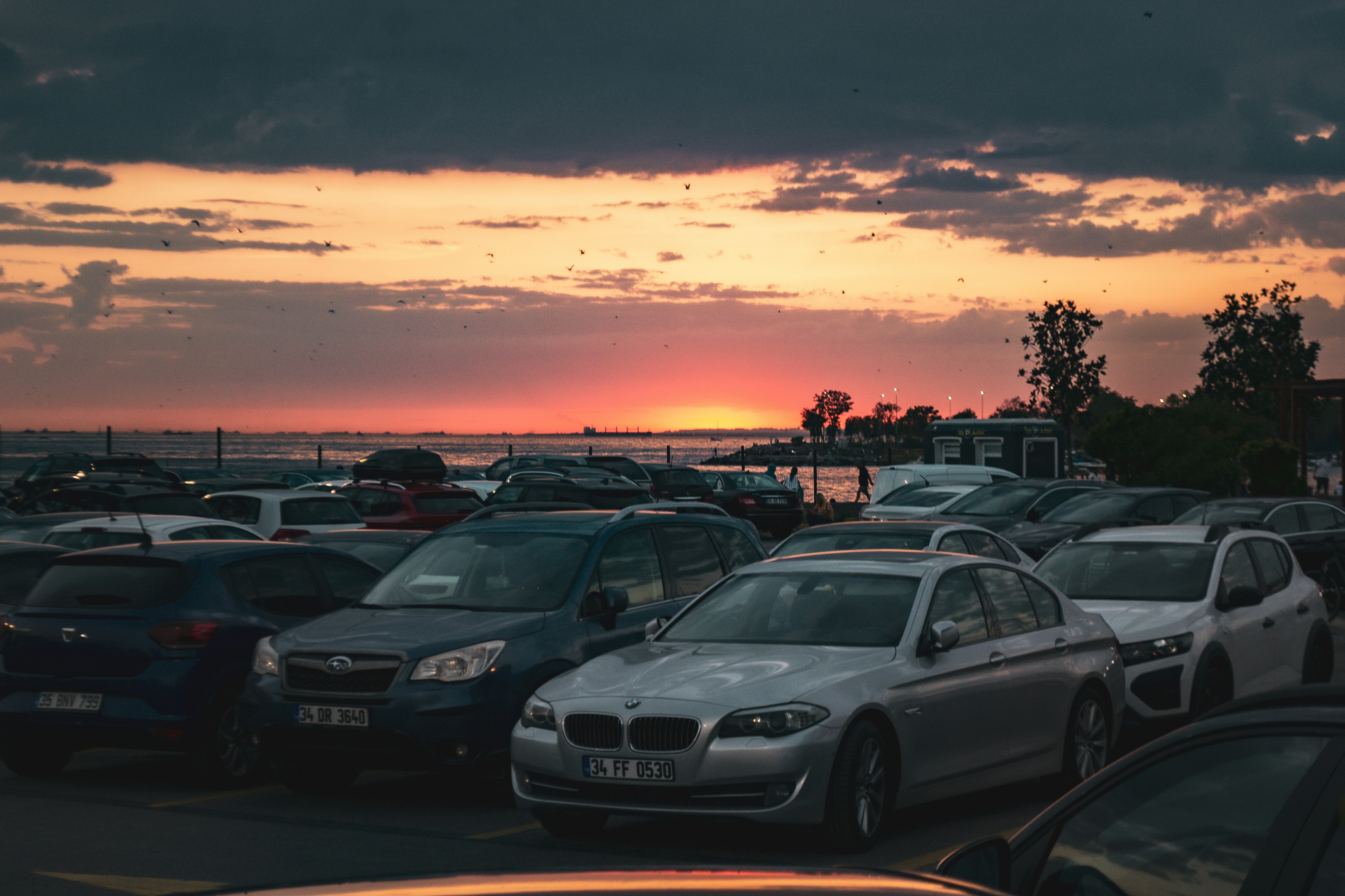 A peaceful seaside parking lot at sunset, where the golden light reflects on rows of parked cars. The vibrant sky, scattered with birds and distant ships, meets the calm sea at the horizon. A quiet moment in the heart of city life, painted in warm tones of dusk. | Cars parked by the water at a colorful sunset.