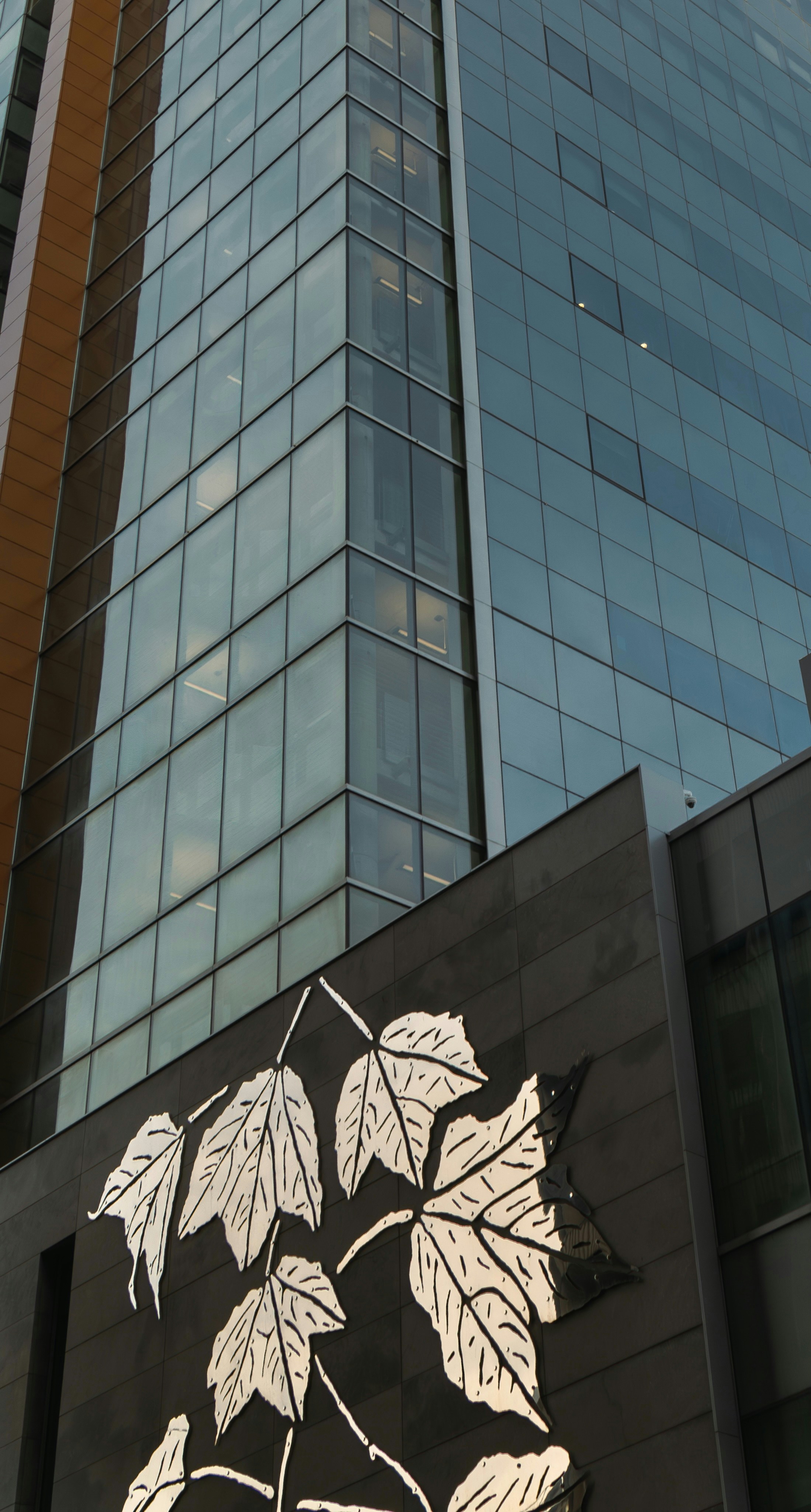 A skyscraper with a leaf design on its facade.