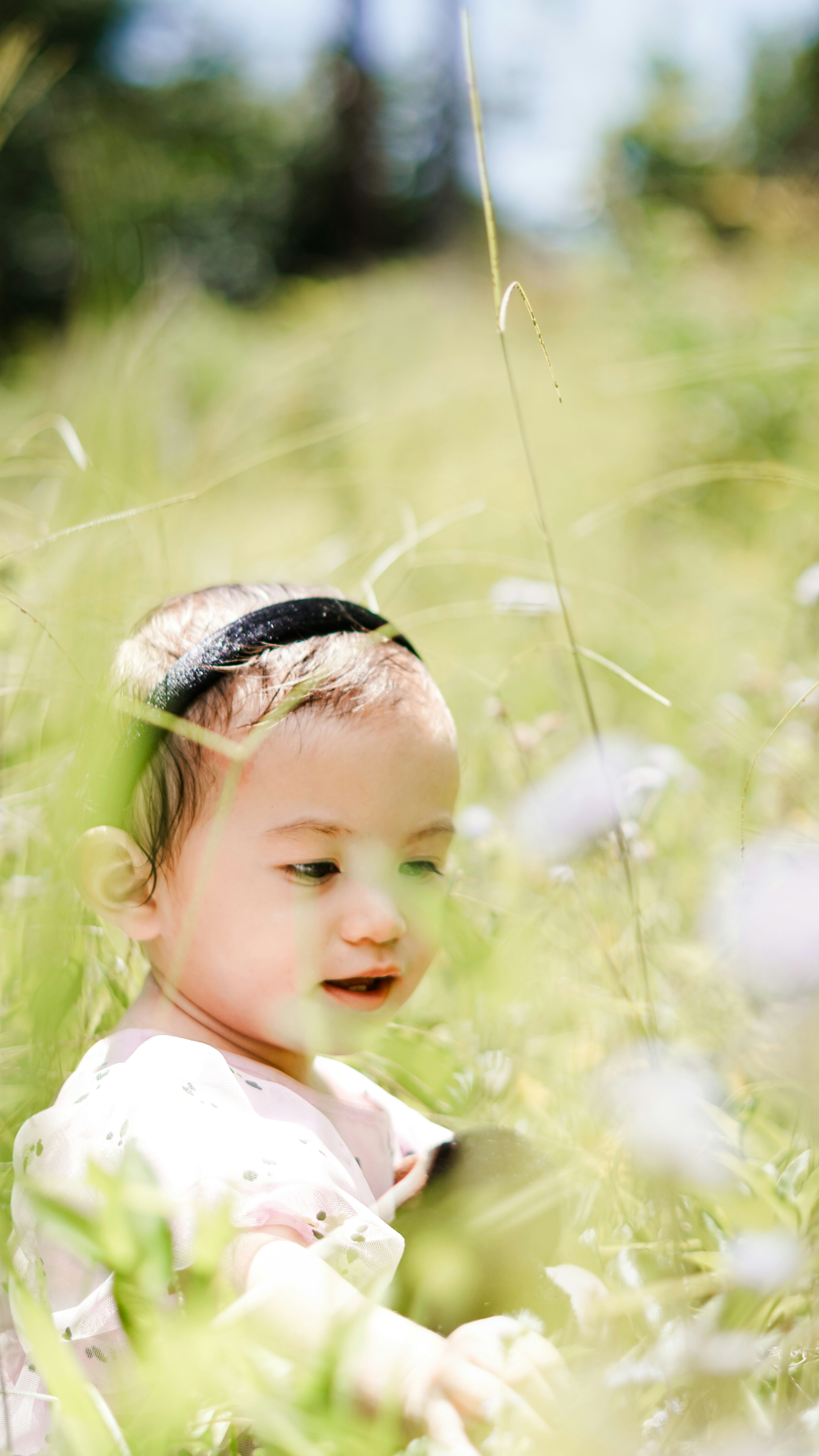 Exploring the grassy field. | A baby in the grass enjoys the outdoors.