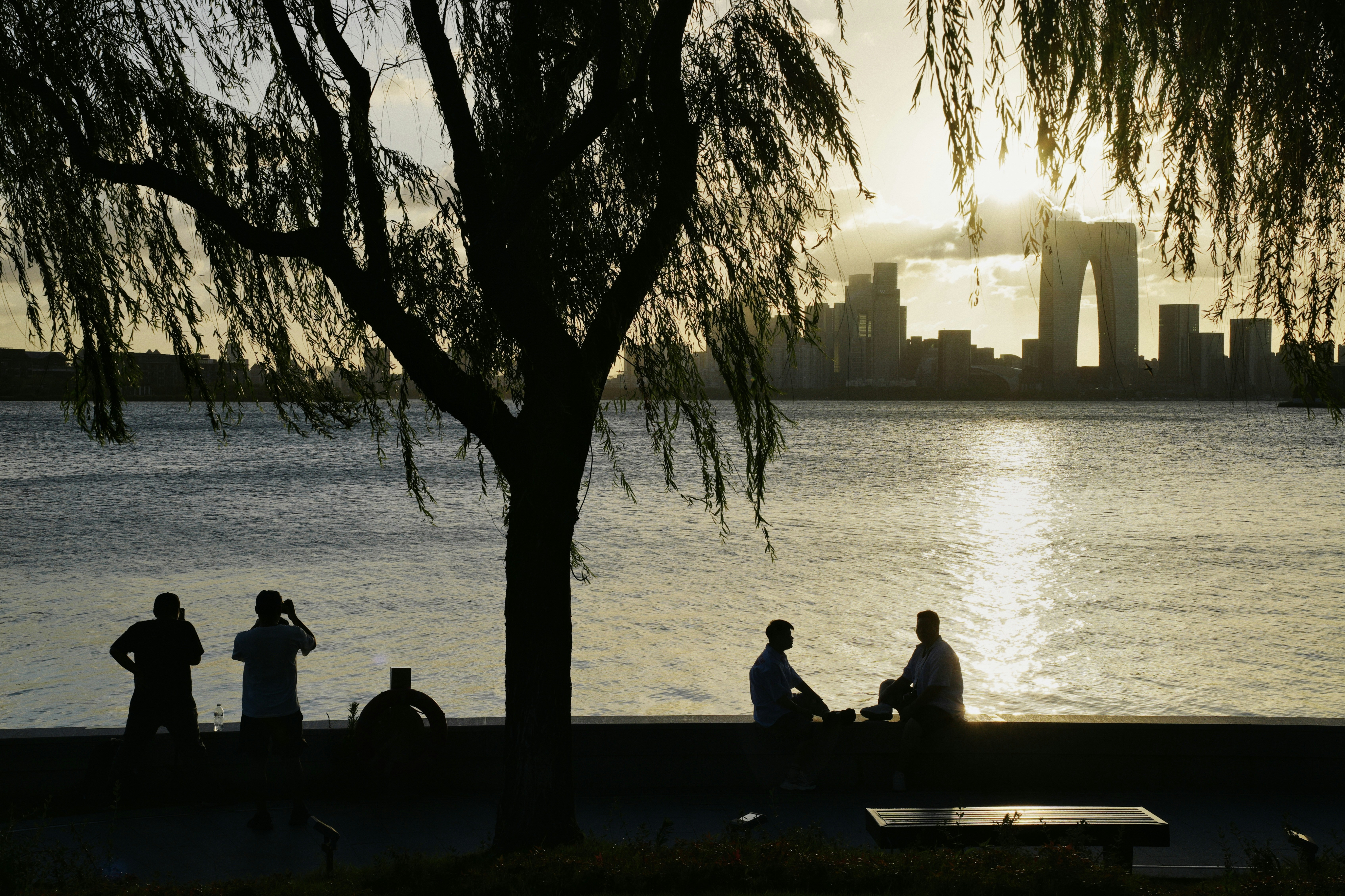 Silhouetted figures converse under a tree by the water, with a city skyline illuminated by the setting sun in the background.
