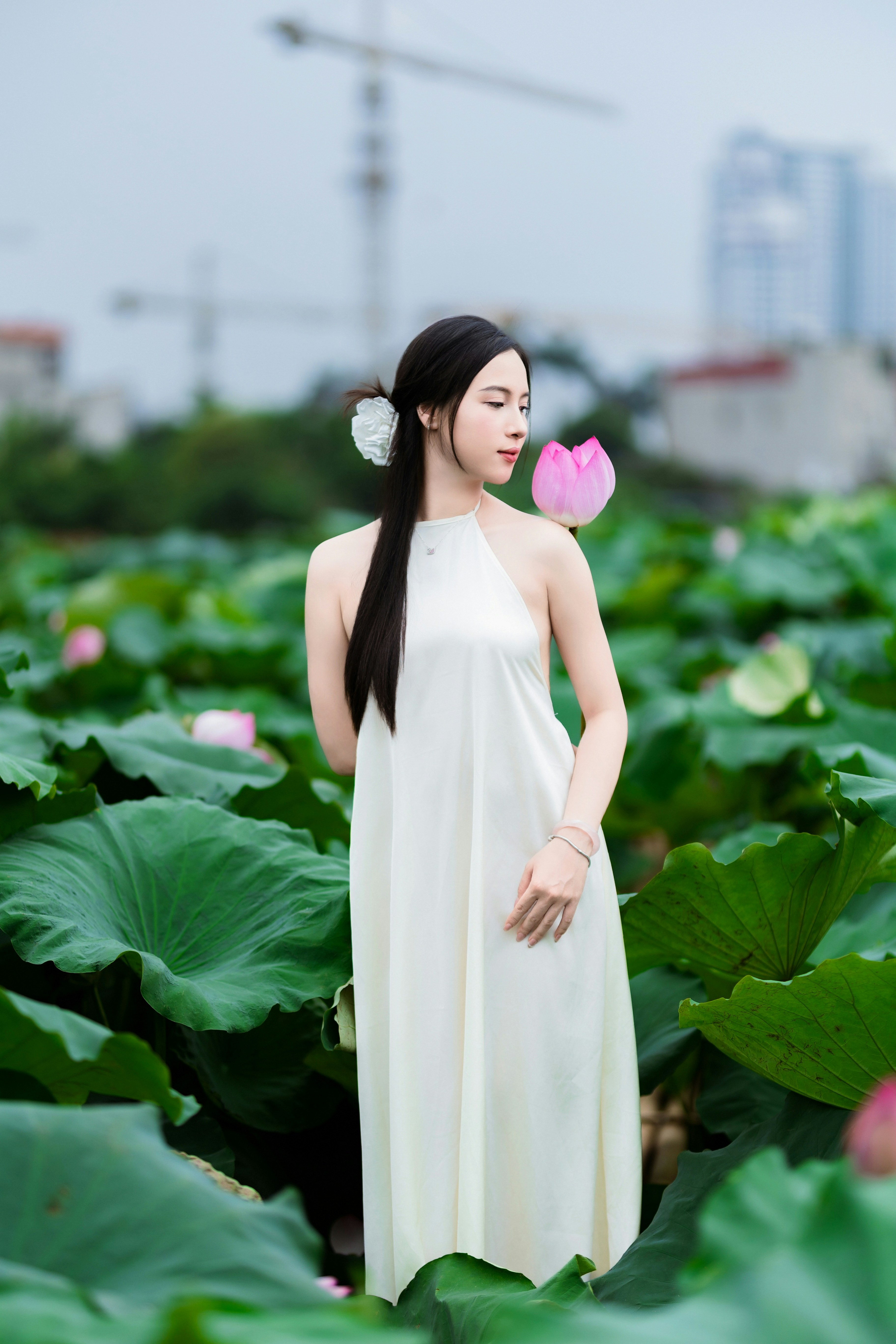 Young woman in a flowing white dress stands gracefully among lush lotus leaves, holding a pink lotus flower. Soft natural light enhances the serene atmosphere.