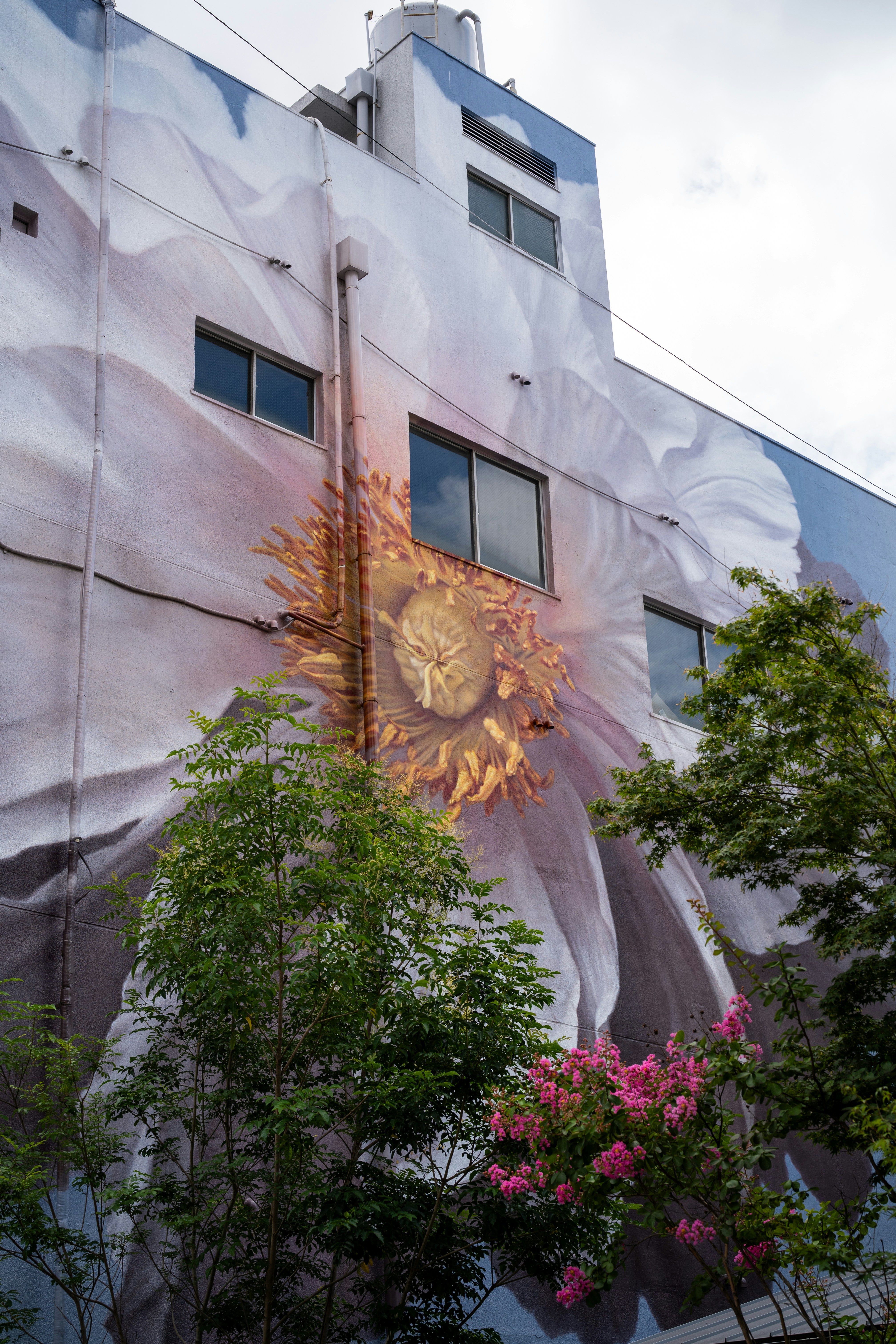 Vibrant mural of a large flower with intricate details, blending nature with urban architecture. Lush greenery and pink blooms frame the scene.