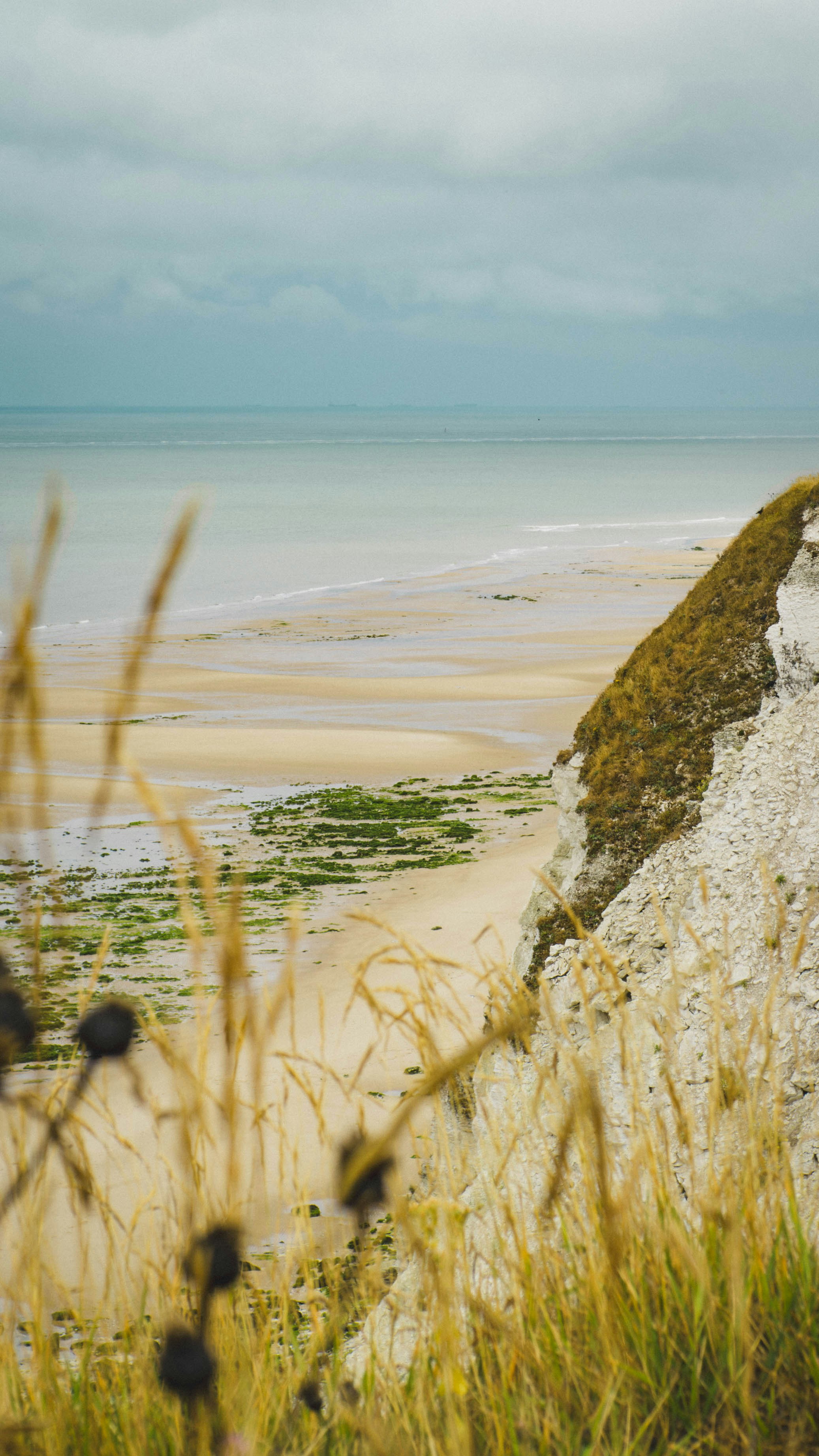 Beach view with cliffs and cloudy sky.