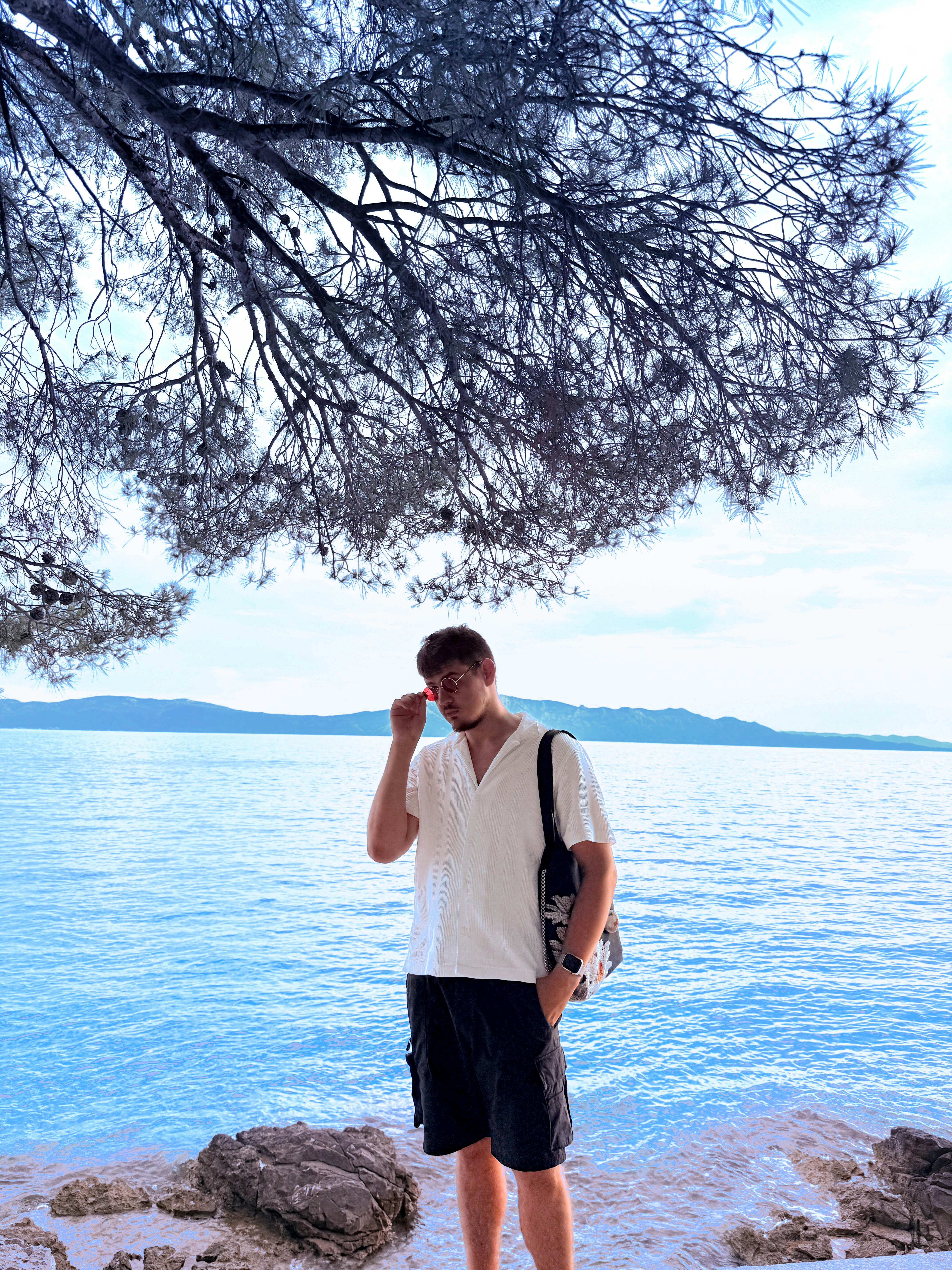 A man stands by the sea under a tree.