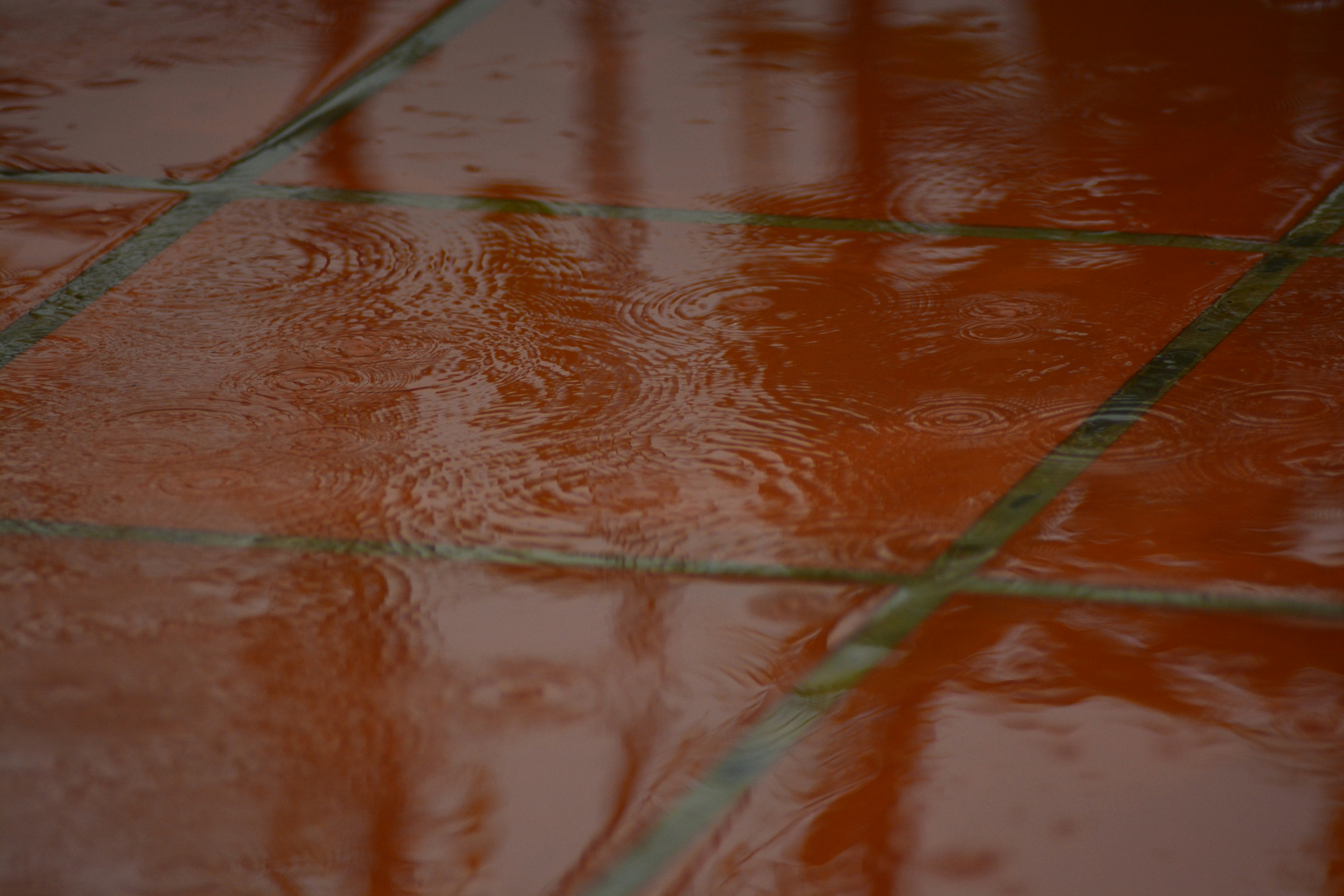Raindrops create ripples on a tiled surface, reflecting the surrounding environment. The wet tiles enhance the vibrant colors and textures of the scene.