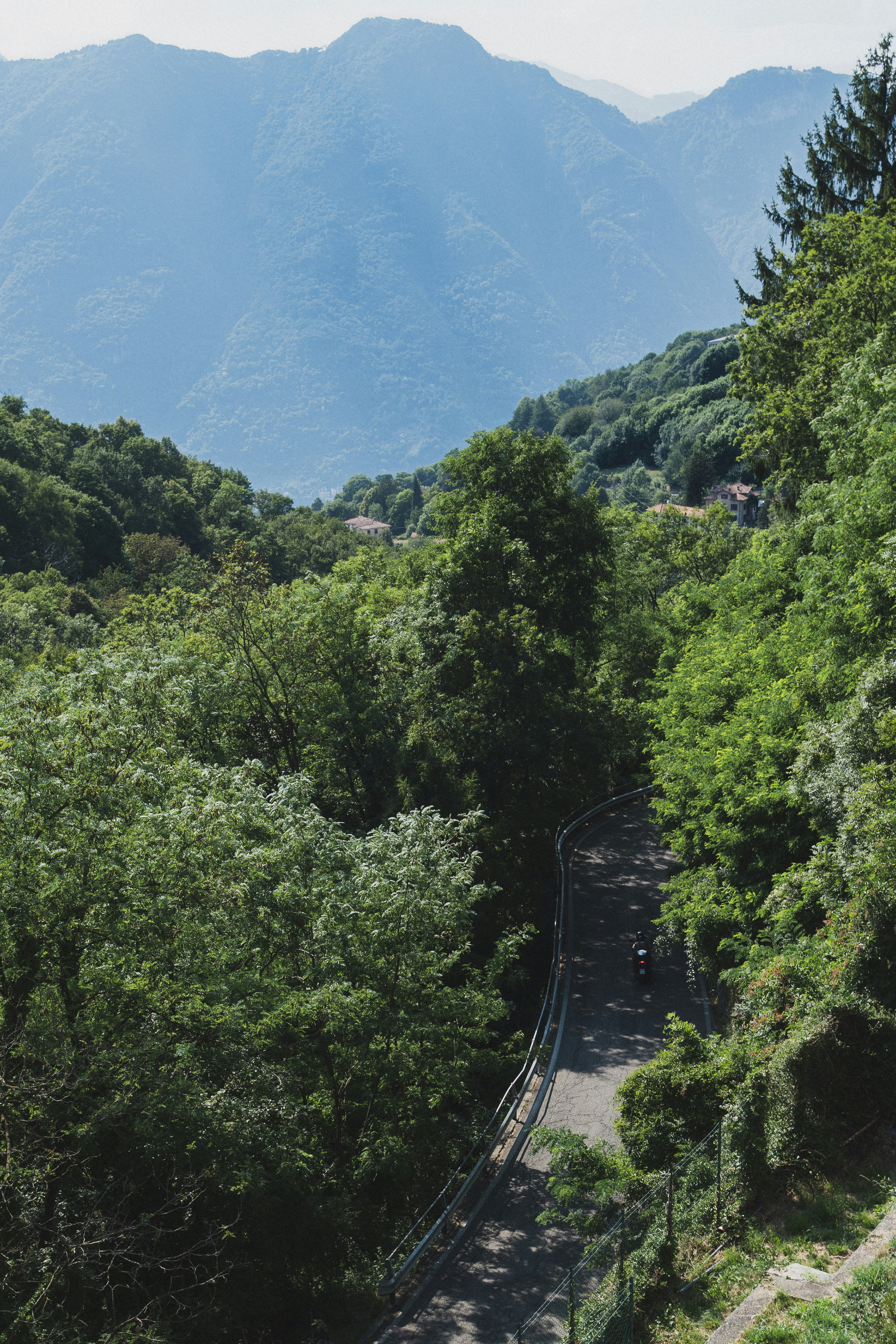 A winding road travels through a lush, green mountain.