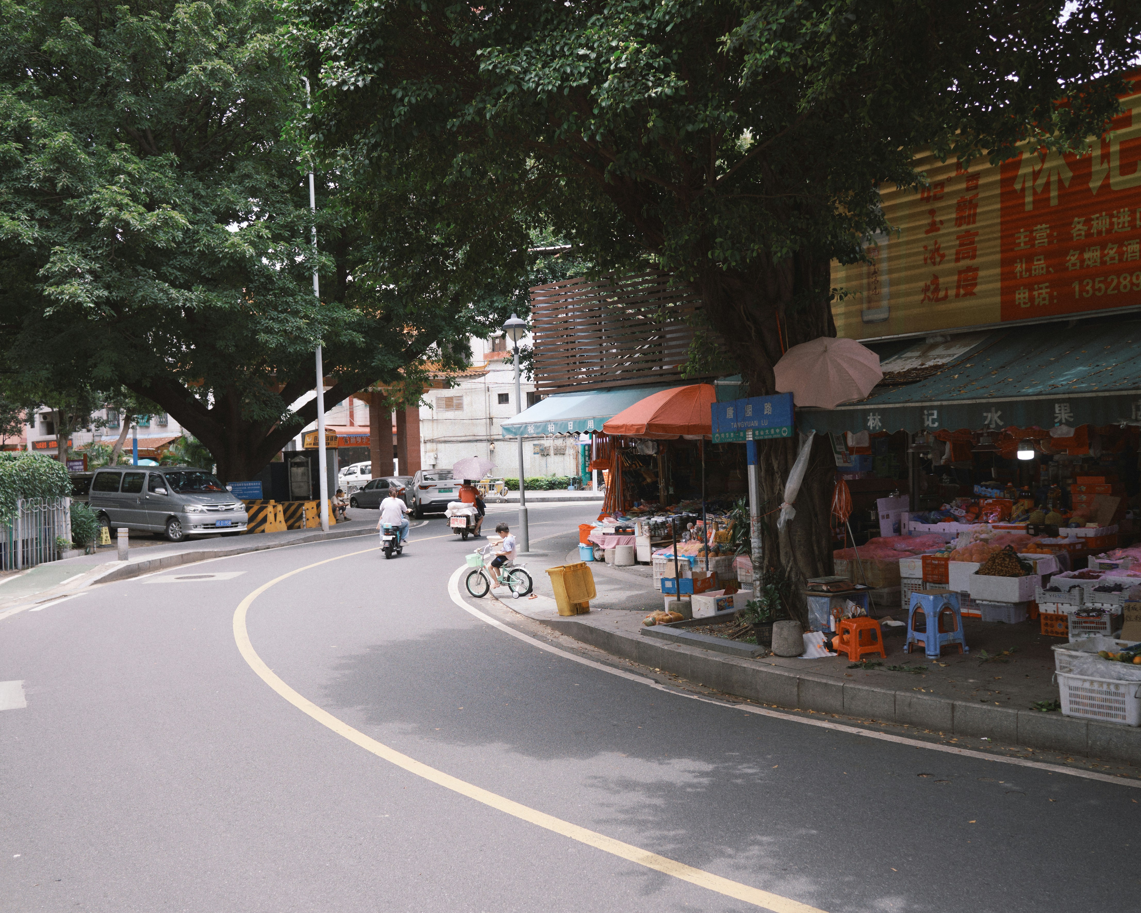 Road curves past a market with trees.