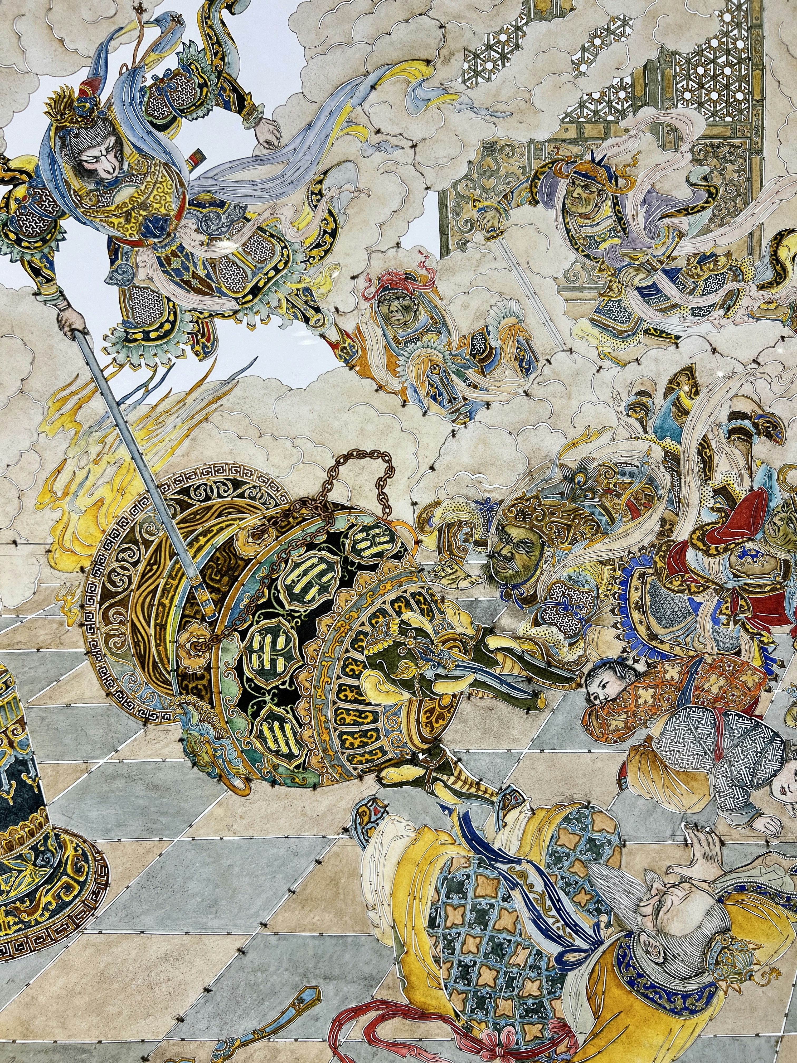 Intricate illustration depicting a fierce battle among mythical warriors amidst swirling clouds and flames.