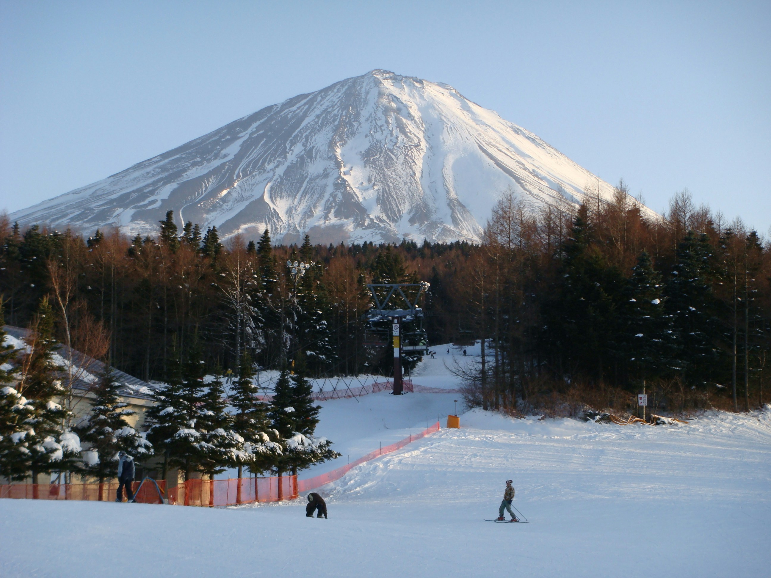 Snowy mountain with skiers and trees.